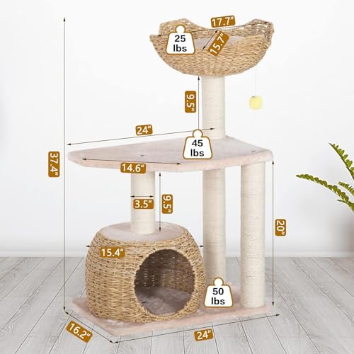 Modern Wood Cat Tree for Indoor Cats, Multi-Level Boho Cat Tree with ...