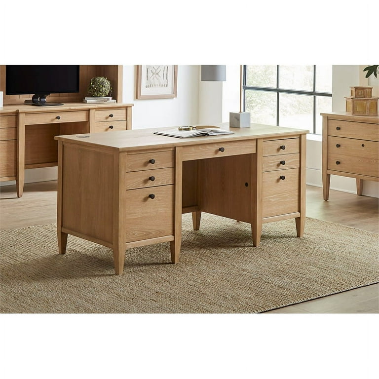 Modern Wood Double Pedestal Desk Wood Desk Fully Assembled Light Brown