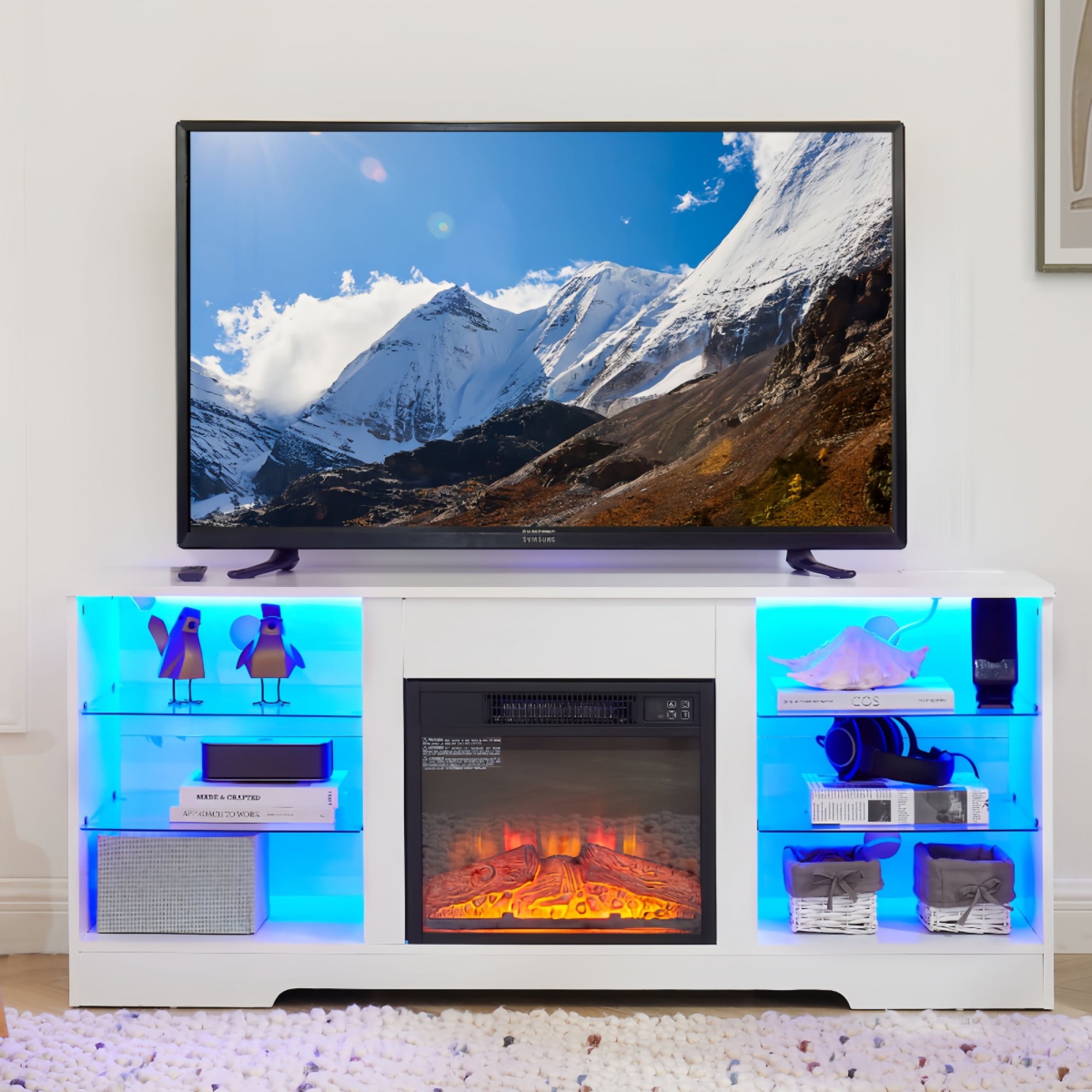 Modern Wood Electric 3D Fireplace TV Stand - with LED Lights, USB ...