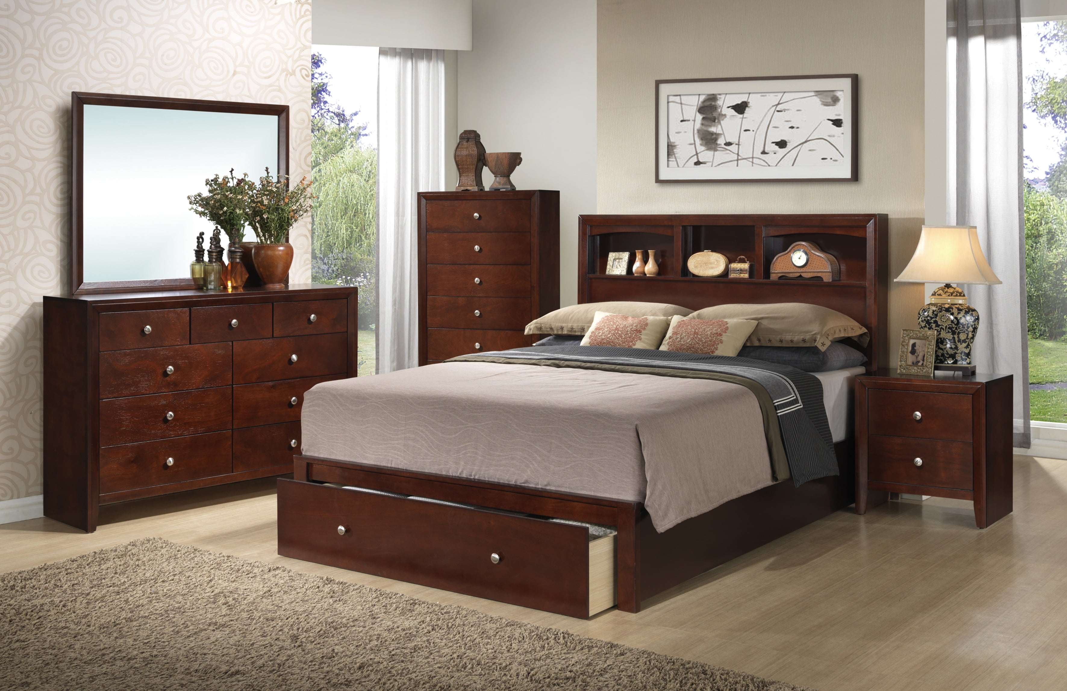 Modern Wood Finish 4pc Queen Size Bed Dresser Mirror Nightstand Wooden ...
