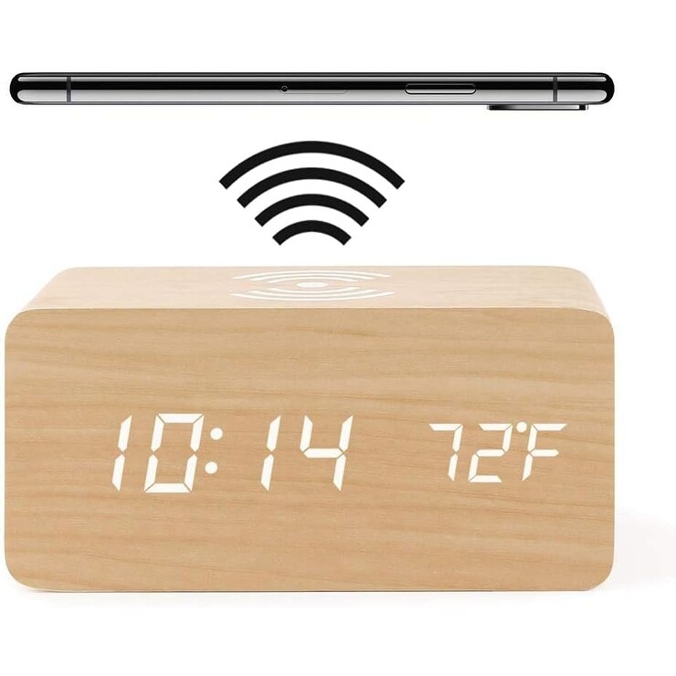 Modern Wood LED Desk Clock with Wireless Charger Bamboo White LED ...