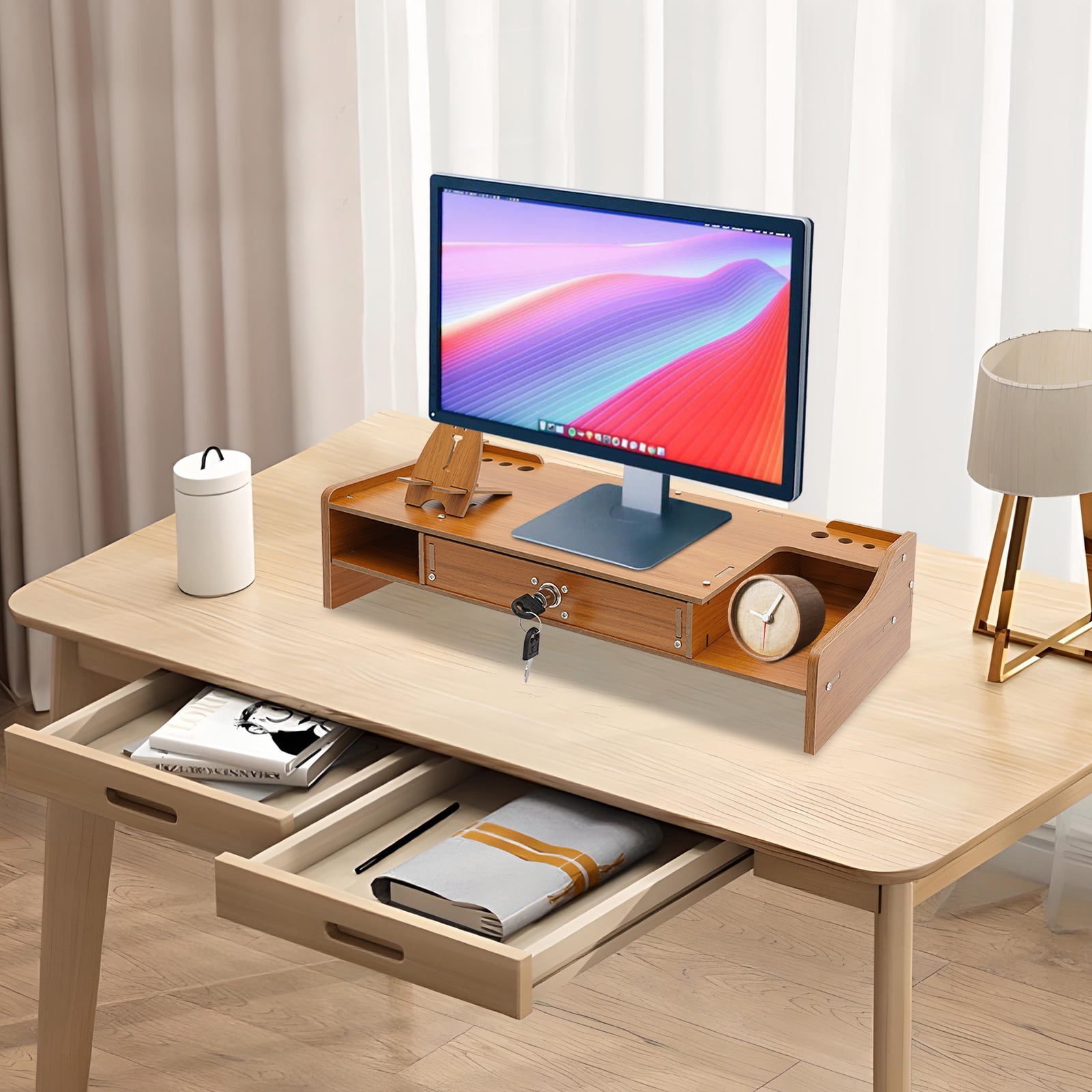 Modern Wood Monitor Riser Drawer with Lock Computer Laptop PC Stand ...