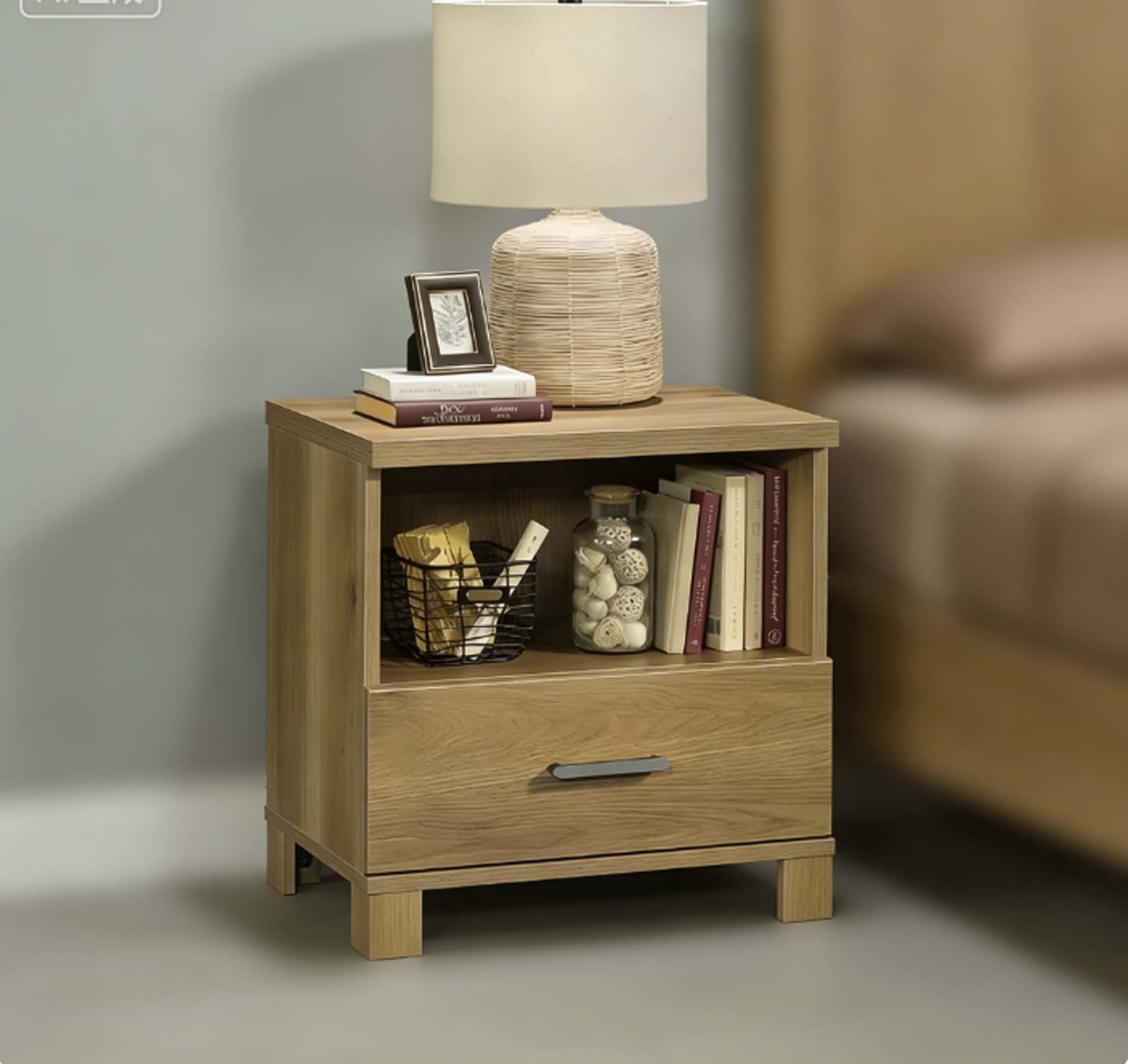 Modern Wood Nightstand - Brown Bedside Table with Drawer & Shelf ...