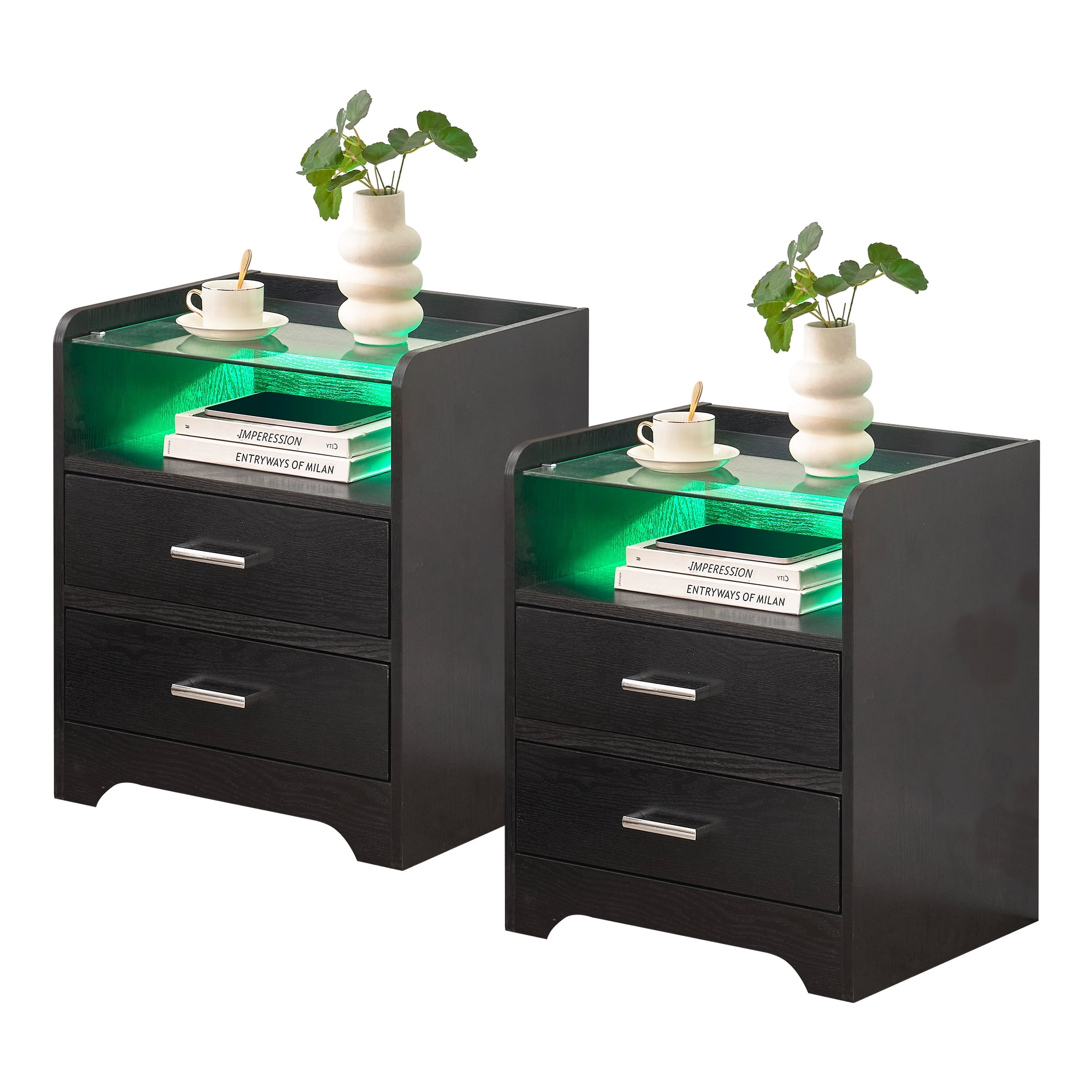 Modern Wood Nightstand with Glass Top and Drawers,Led Nightstand ...