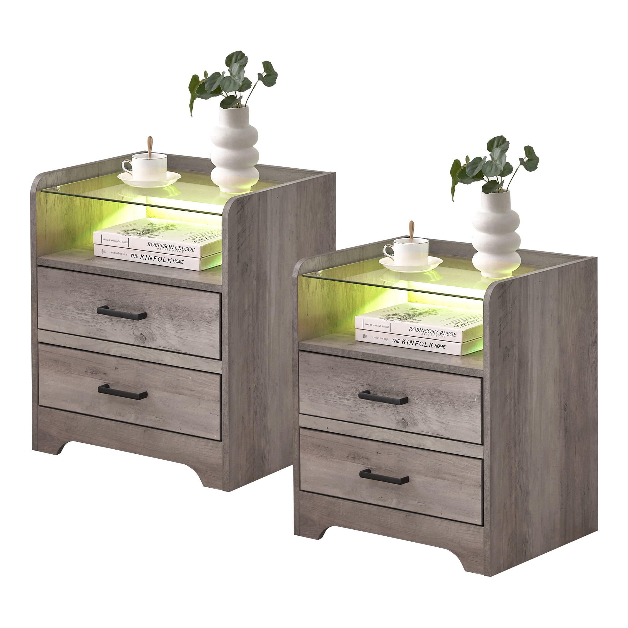 Modern Wood Nightstand with Glass Top and Drawers,Led Nightstand ...