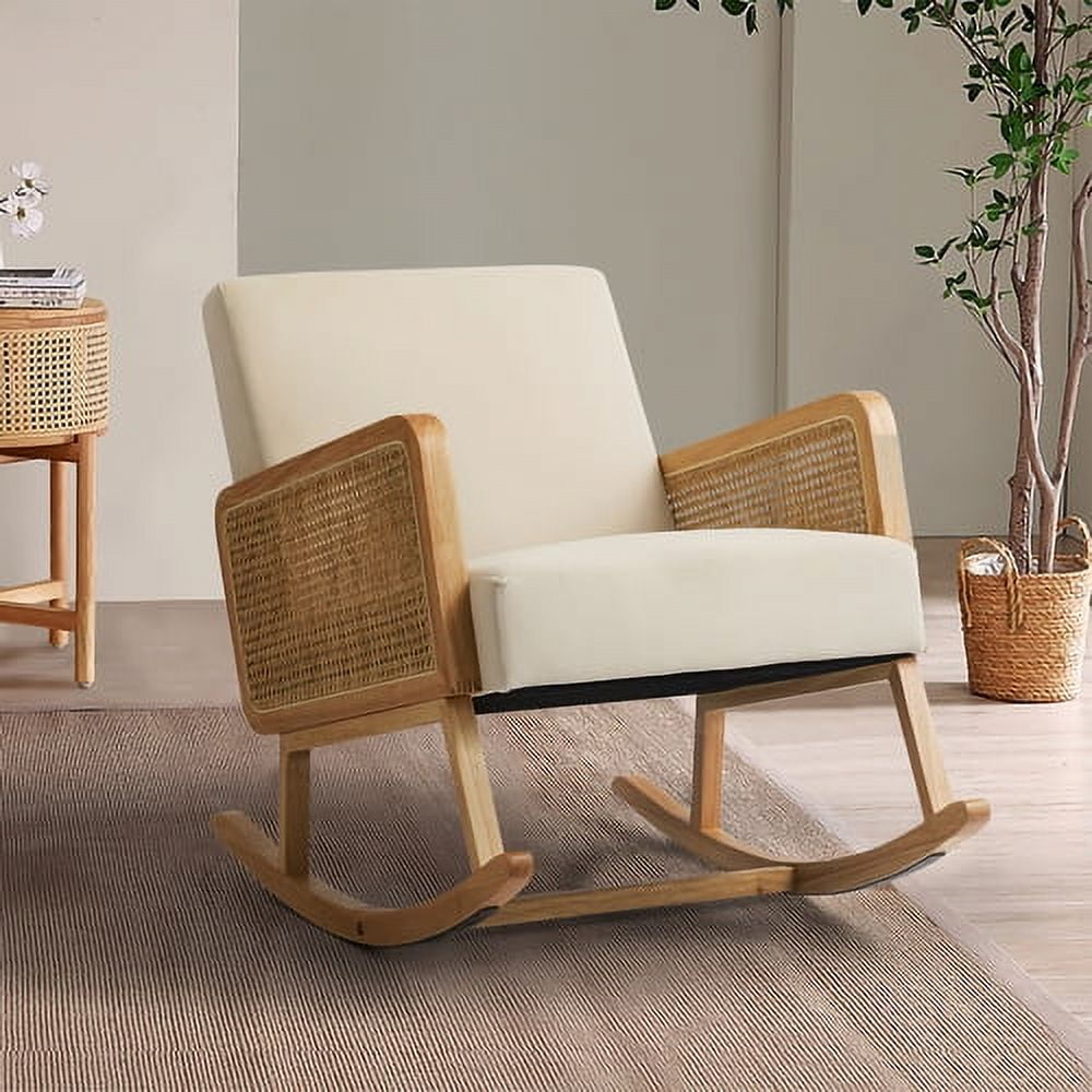 Modern Wood Rocking Chair with Rattan Arms,Upholstered Linen Fabric ...