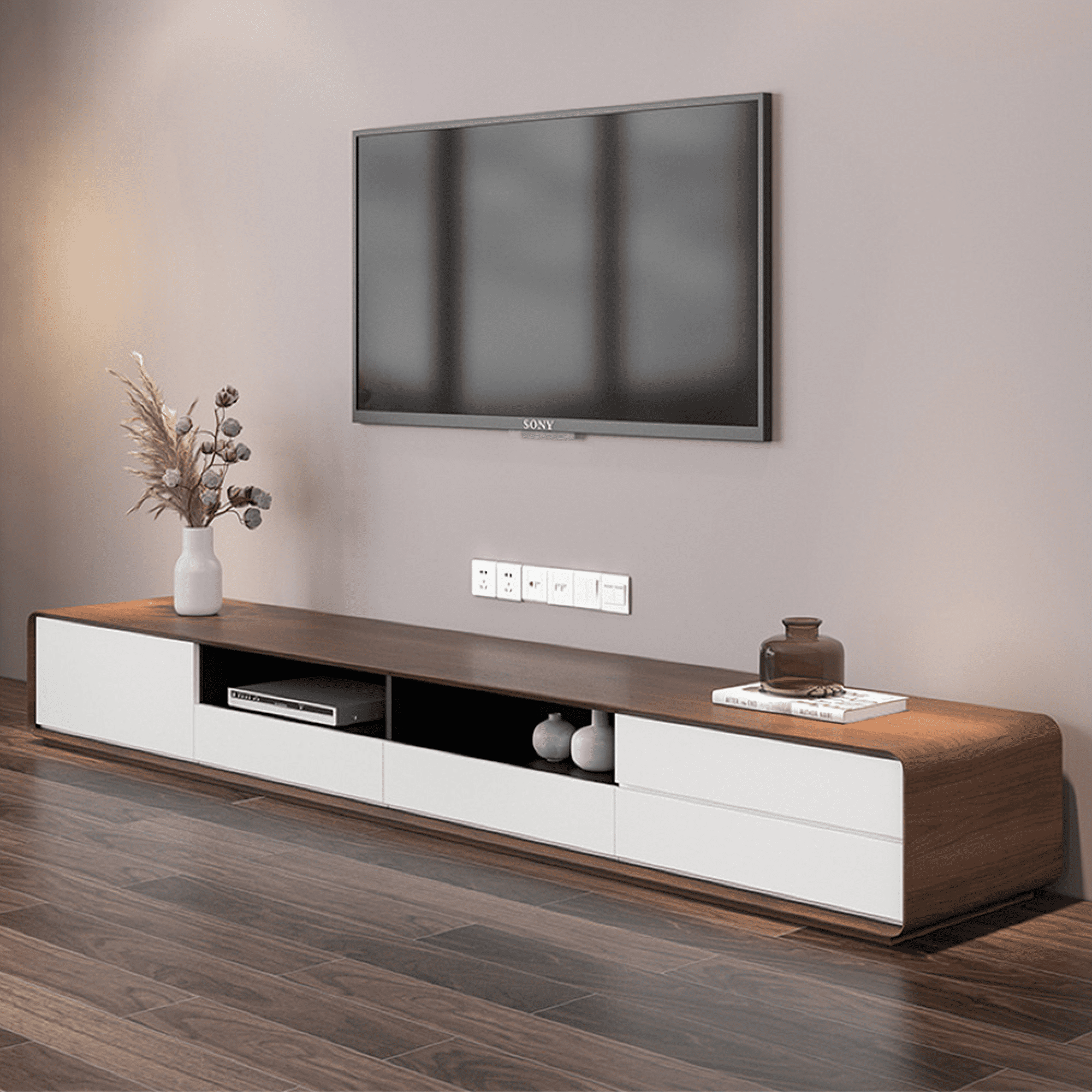 Modern Wood White TV Stand, Lowline Media Console with 4 Drawers, Open ...
