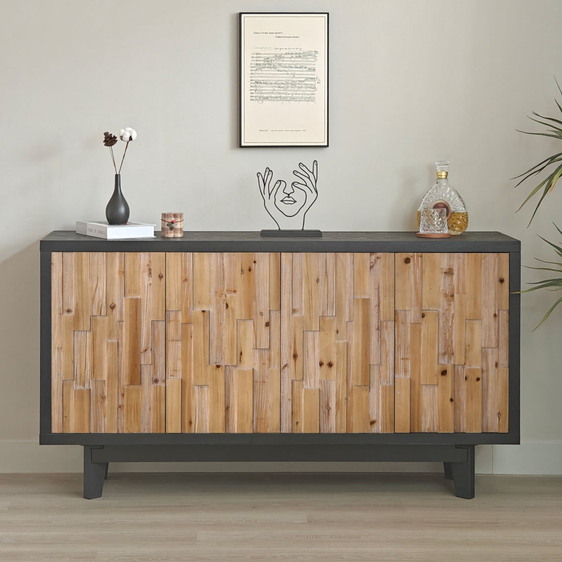Modern Wooden 4-Door Storage Cabinet with Textured Geometric Design ...