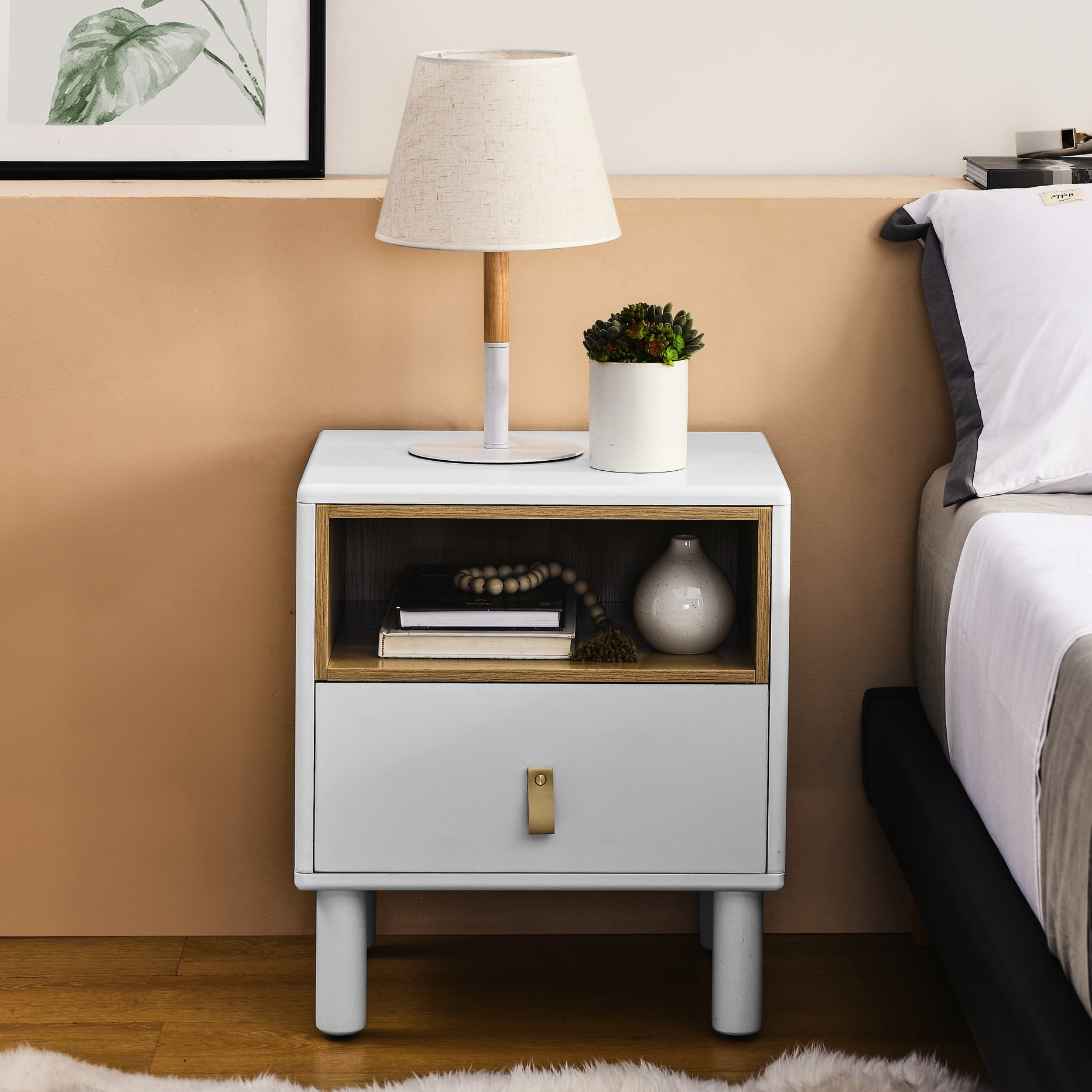 Modern Wooden Bedside Table With Drawer And Open Shelf - White In ...
