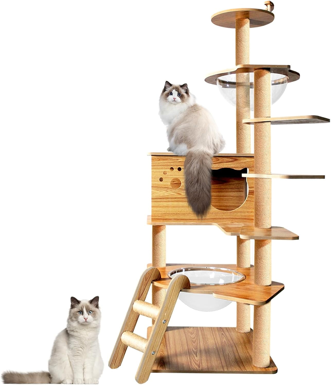 Modern Wooden Cat Tree - 59.6'' with 6 Multi-Level Platforms, 12 ...