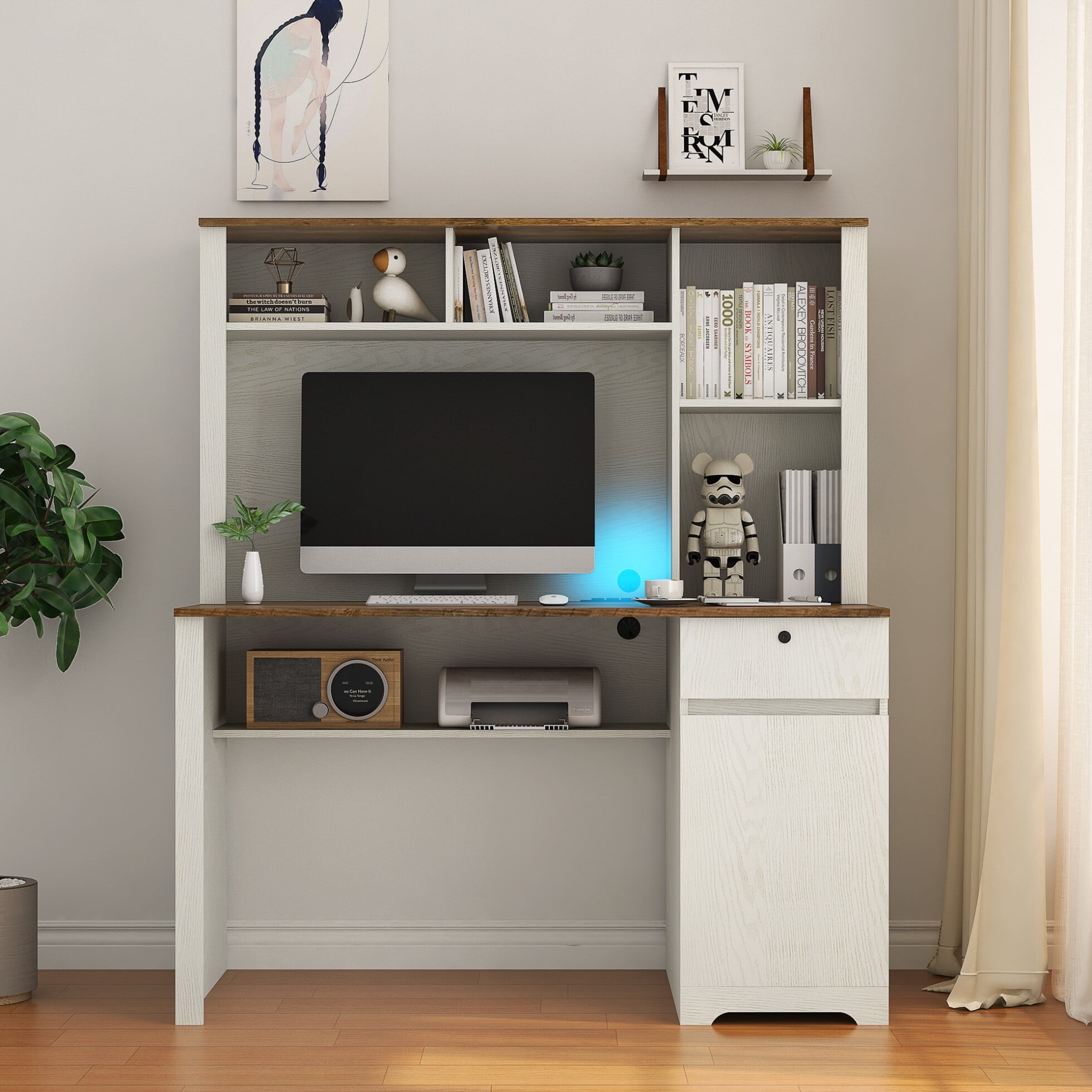 Modern Wooden Computer Desk with 3 AC Outlets & USB Charging, Lockable ...