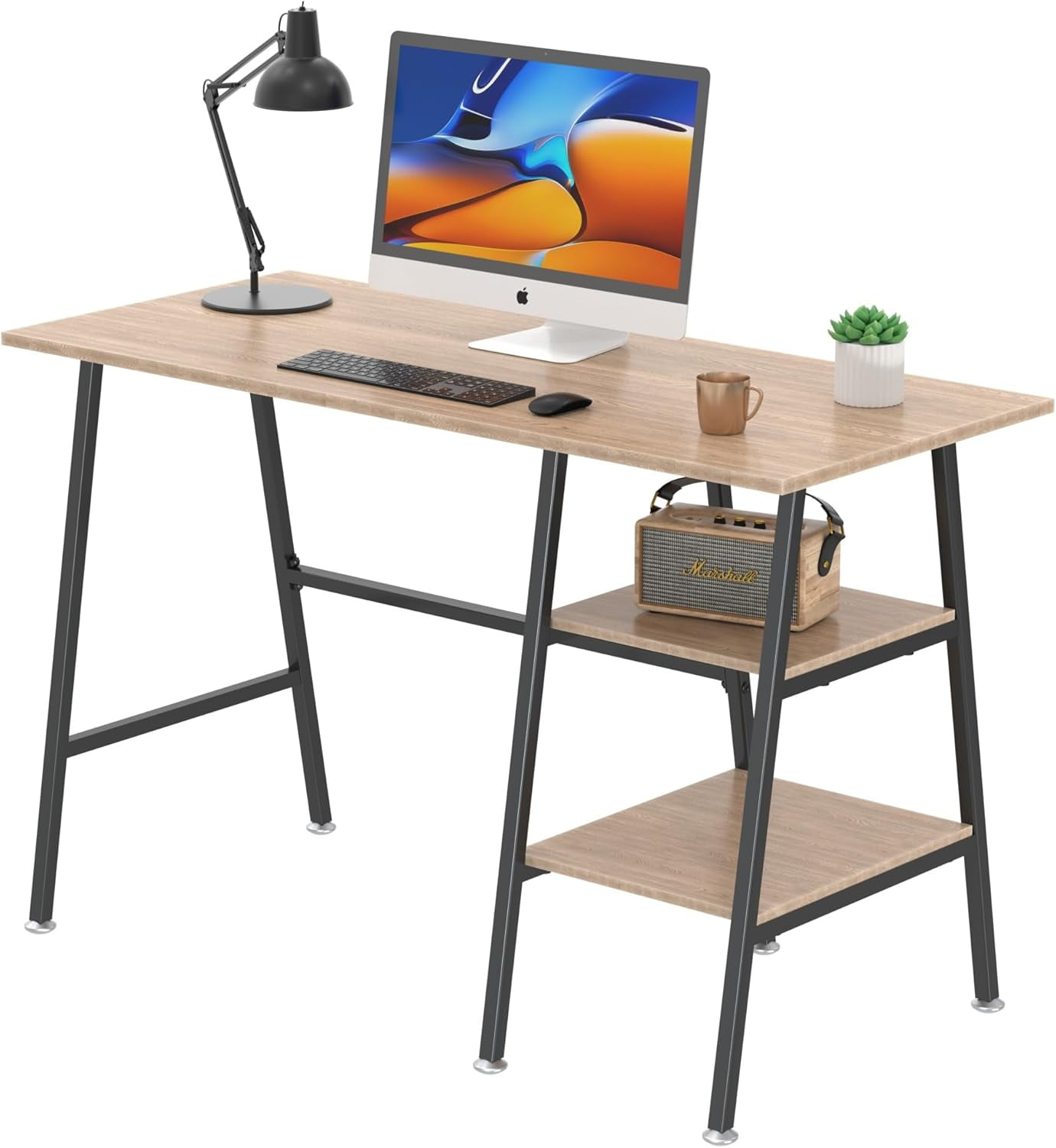 Modern Wooden Computer Desk with Shelves - Home Office Workstation (Oak ...