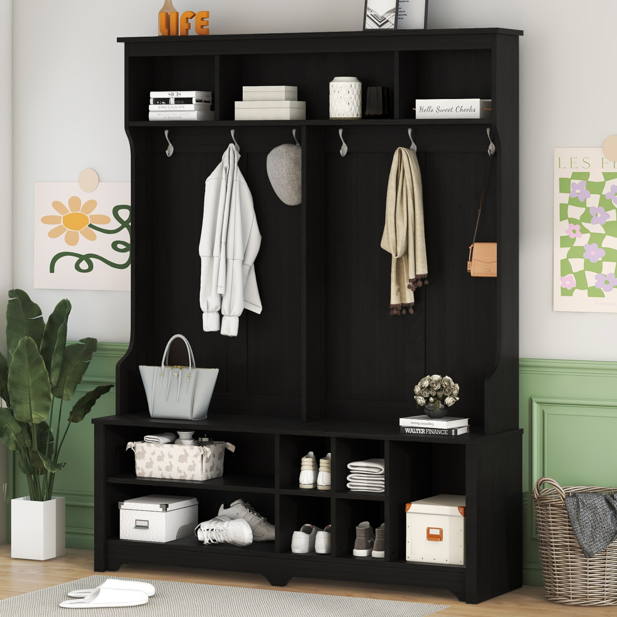 Modern Wooden Hall Tree, 3-in-1 Storage Cabinet with Metal Hooks and ...
