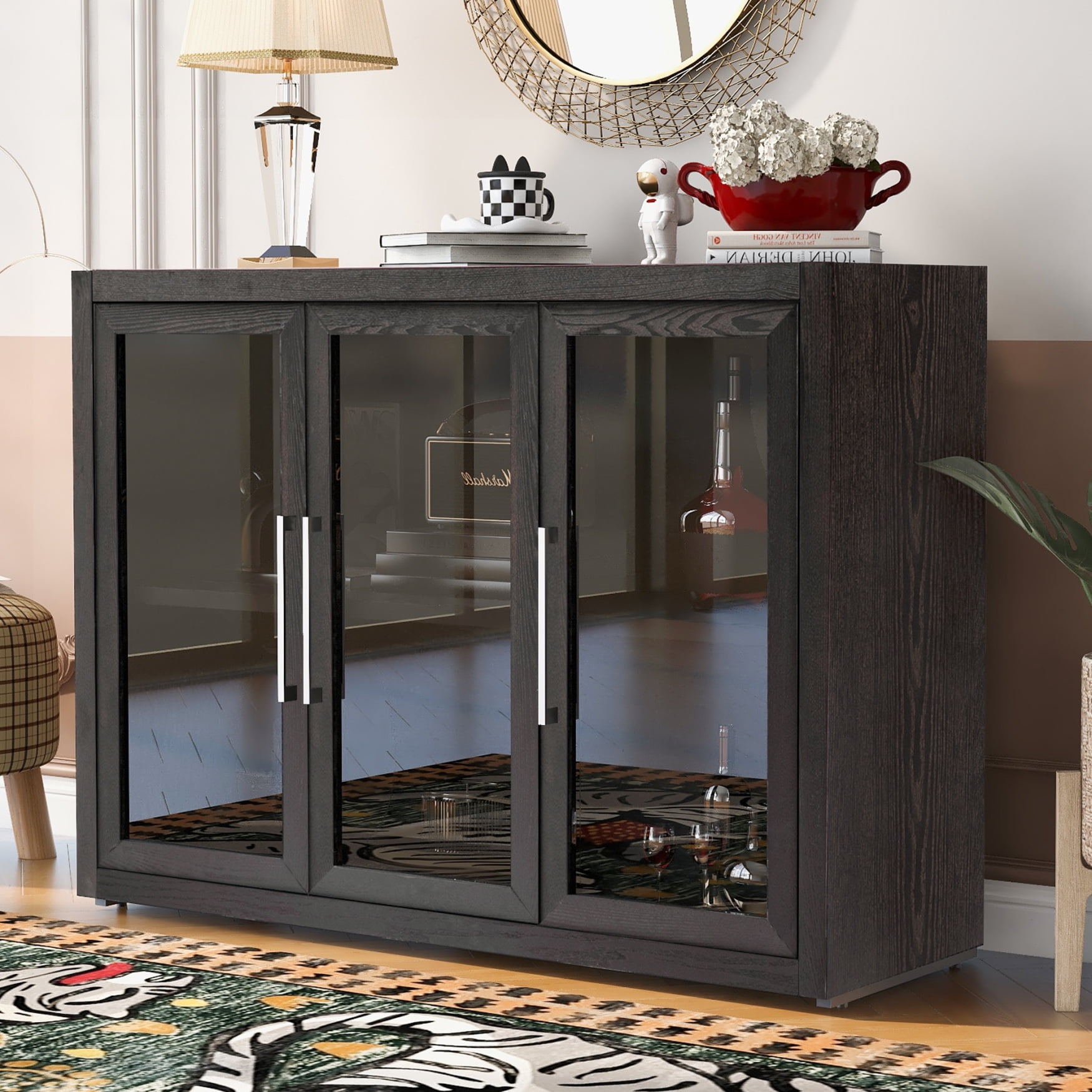 Modern Wooden Storage Cabinet with 3 Tempered Glass Doors, Floor ...