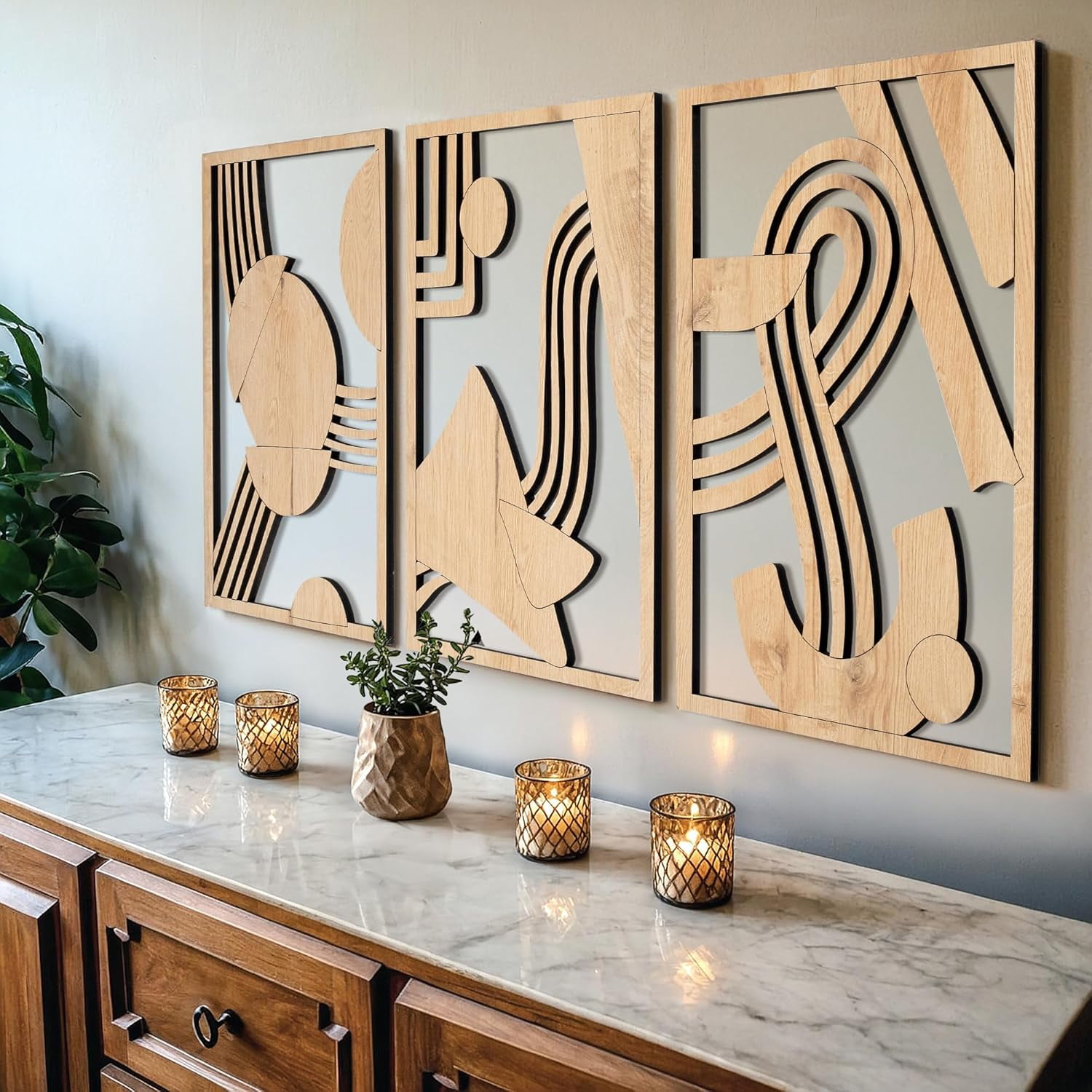 Modern Wooden Wall Sculpture Set of 3 - Oak MDF Art Panels - Large ...