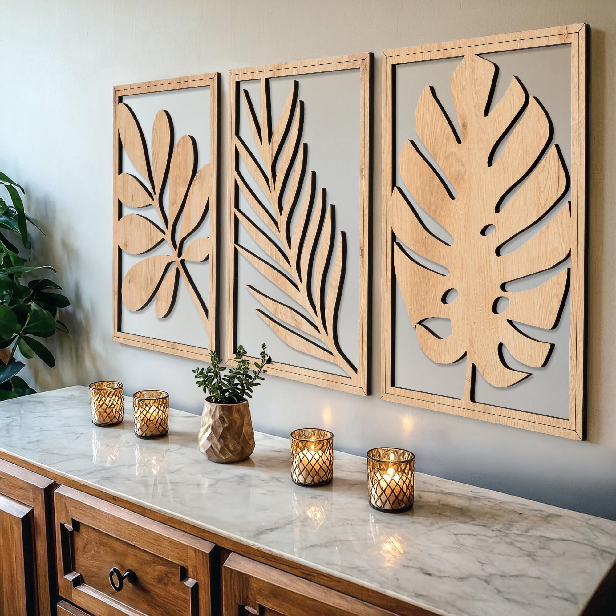 Modern Wooden Wall Sculptures - Set Of 3 Home Decor Accent Large Art ...
