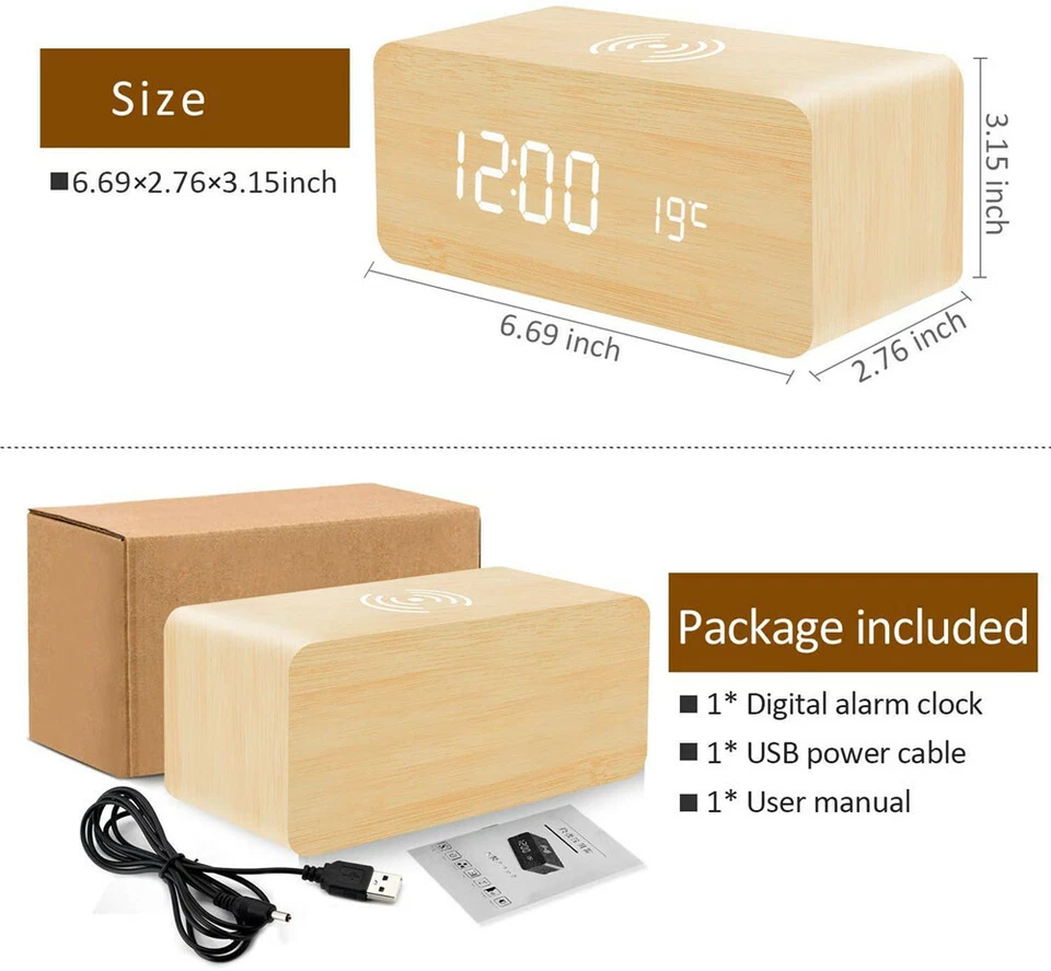 Modern Wooden Wood Digital LED Desk Alarm Clock Thermometer Qi Wireless ...