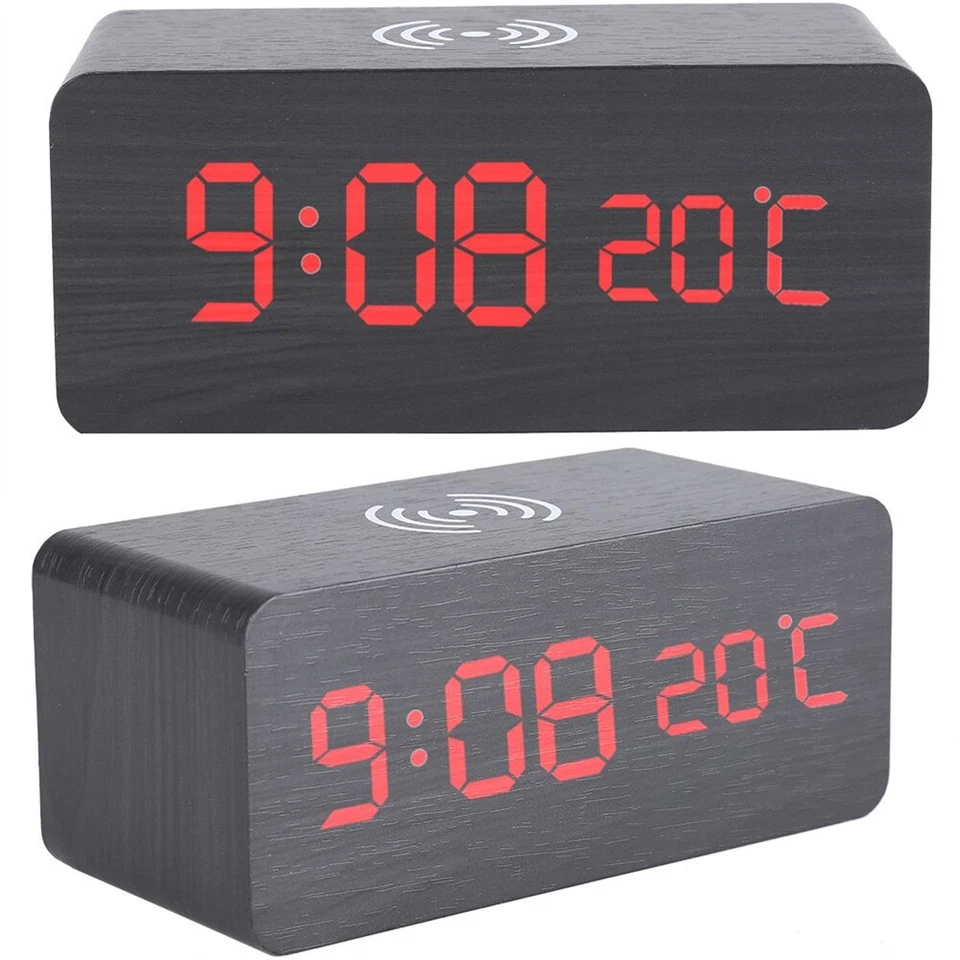 Modern Wooden Wood Digital LED Desk Alarm Clock Thermometer Qi Wireless ...