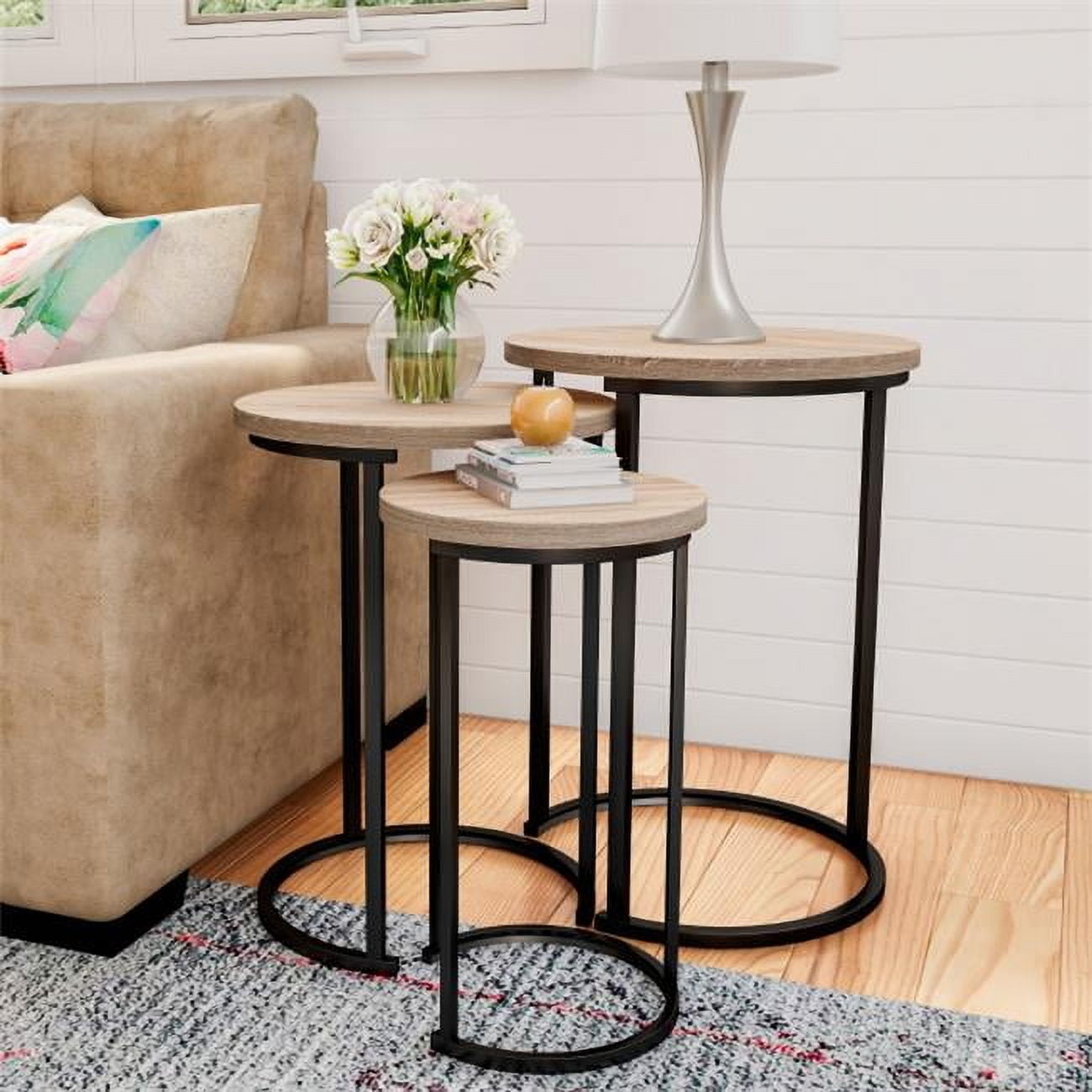 Modern Woodgrain Look Round Nesting Tables, Light Oak Wood-Look with ...