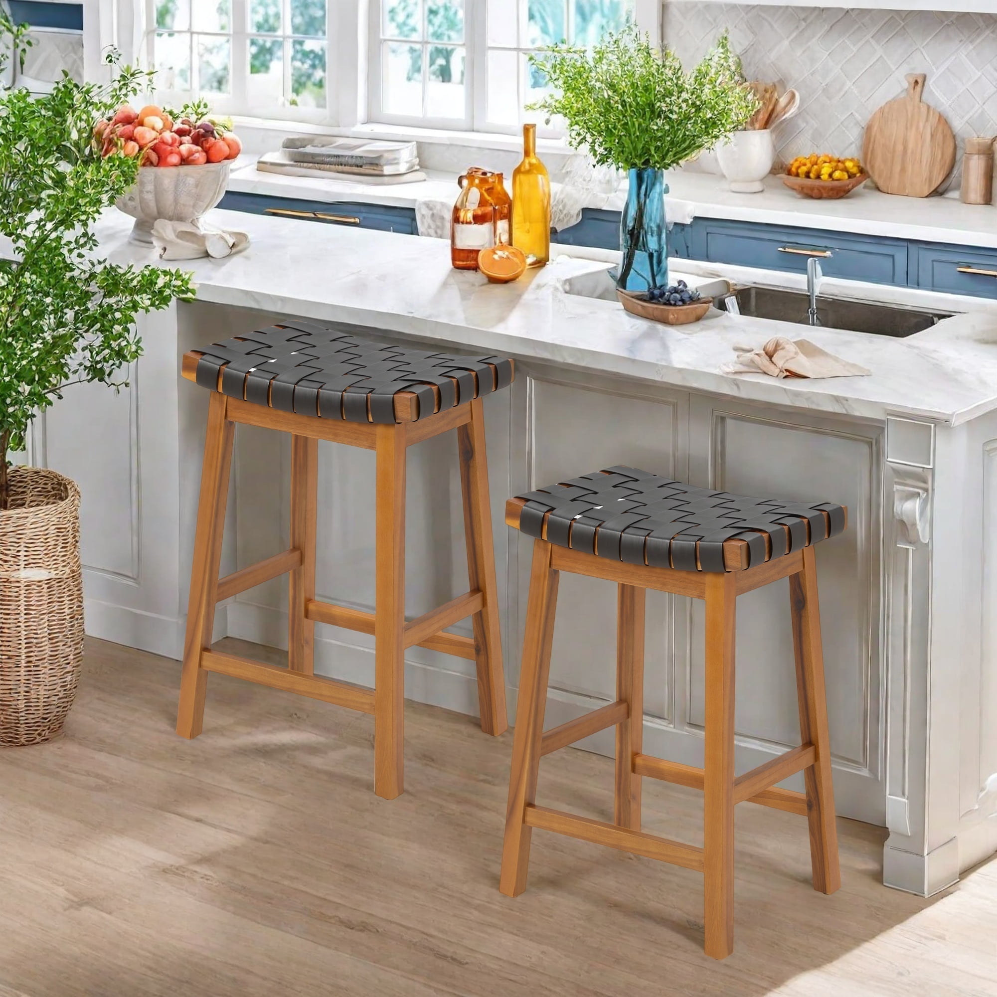 Woven Saddle Bar Stools Set of 2 Leather Counter Height Kitchen ...