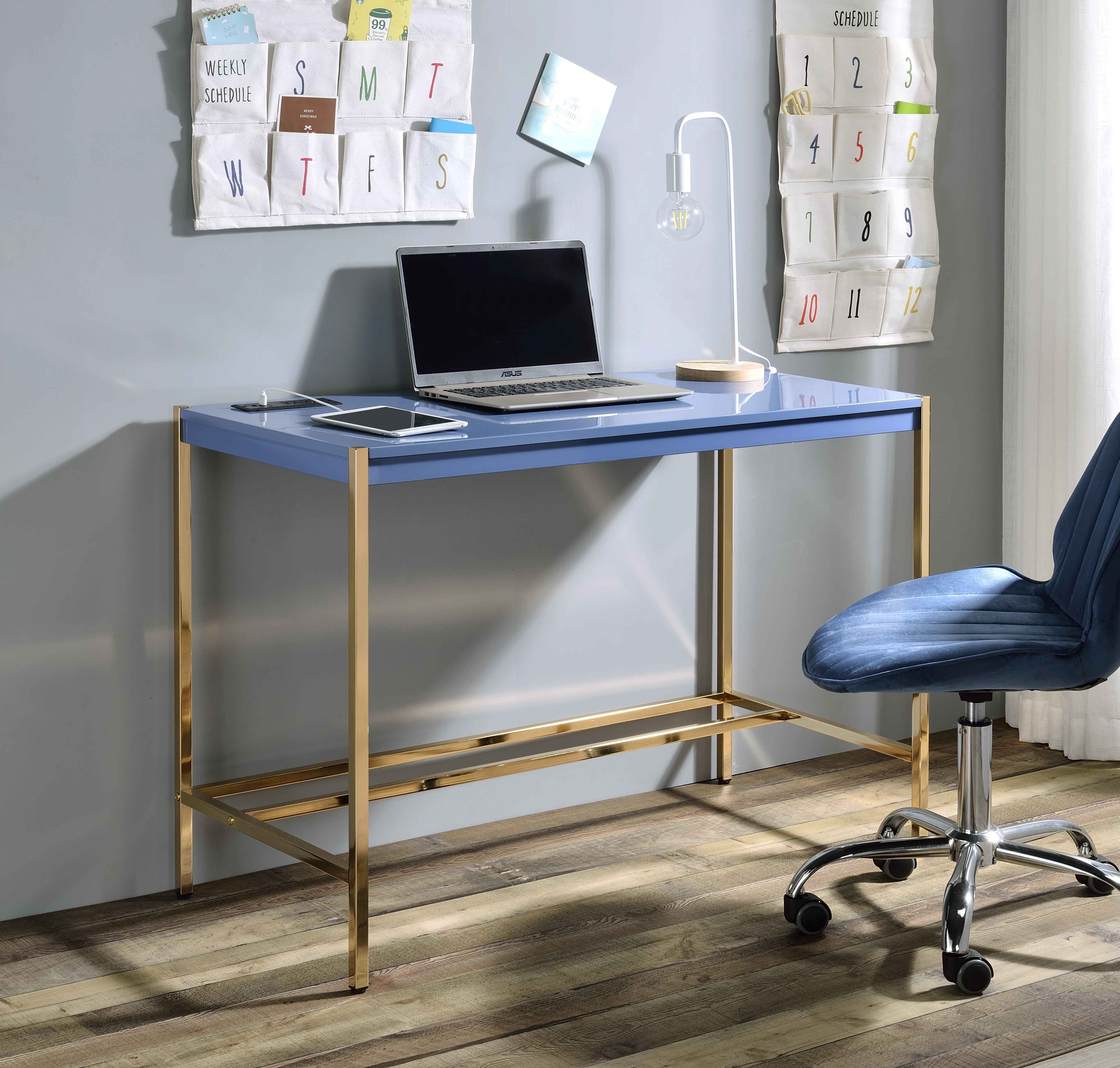 Modern Writing Desk with USB Ports & Power Outlet, Stable Metal Frame ...