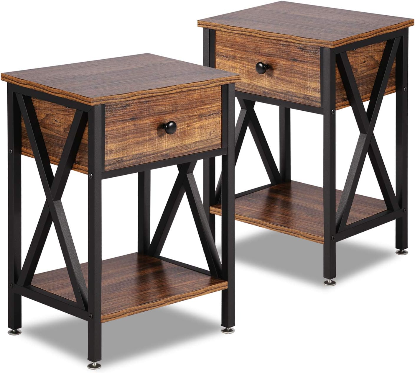 Modern X-Design Nightstand Set of 2 - Versatile Side Table with Storage Shelf & Bin Drawer for ...