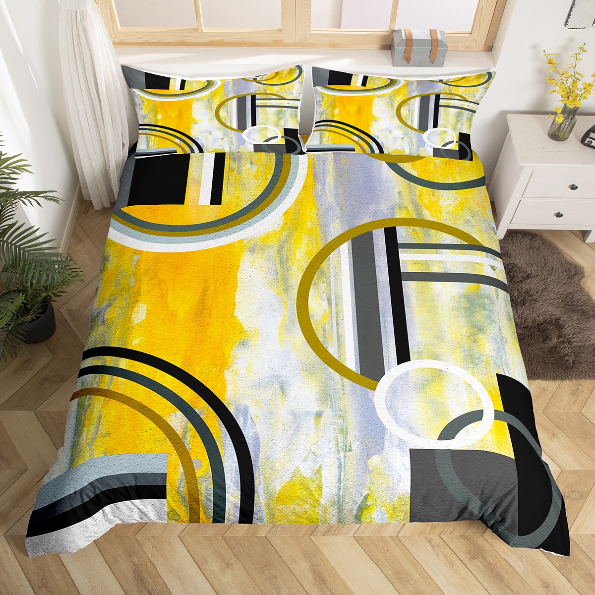 Modern Yellow Black Grey Duvet Cover Twin,Watercolor Oil Painting ...