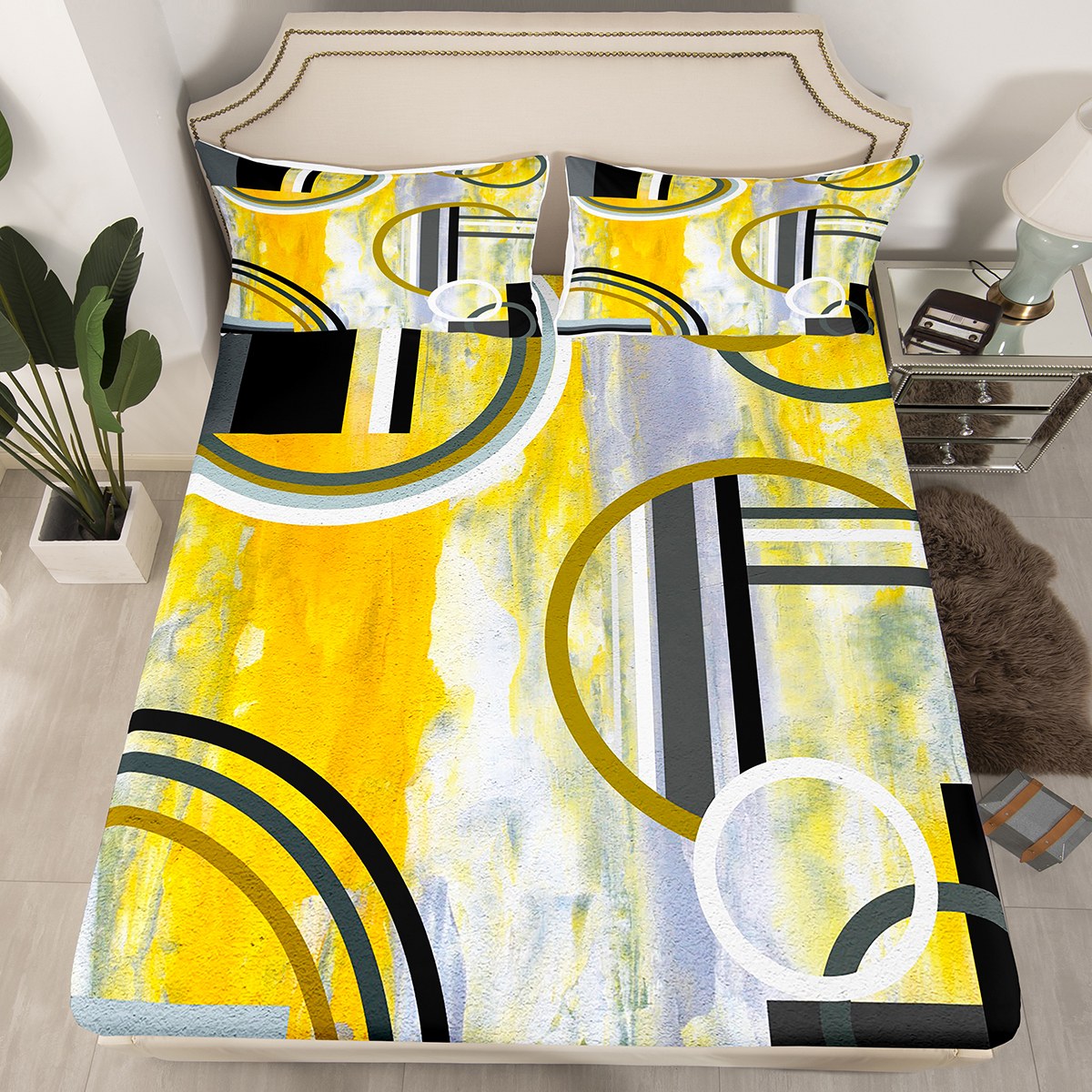 Modern Yellow Black Grey Fitted Sheet Queen Size,Watercolor Oil ...