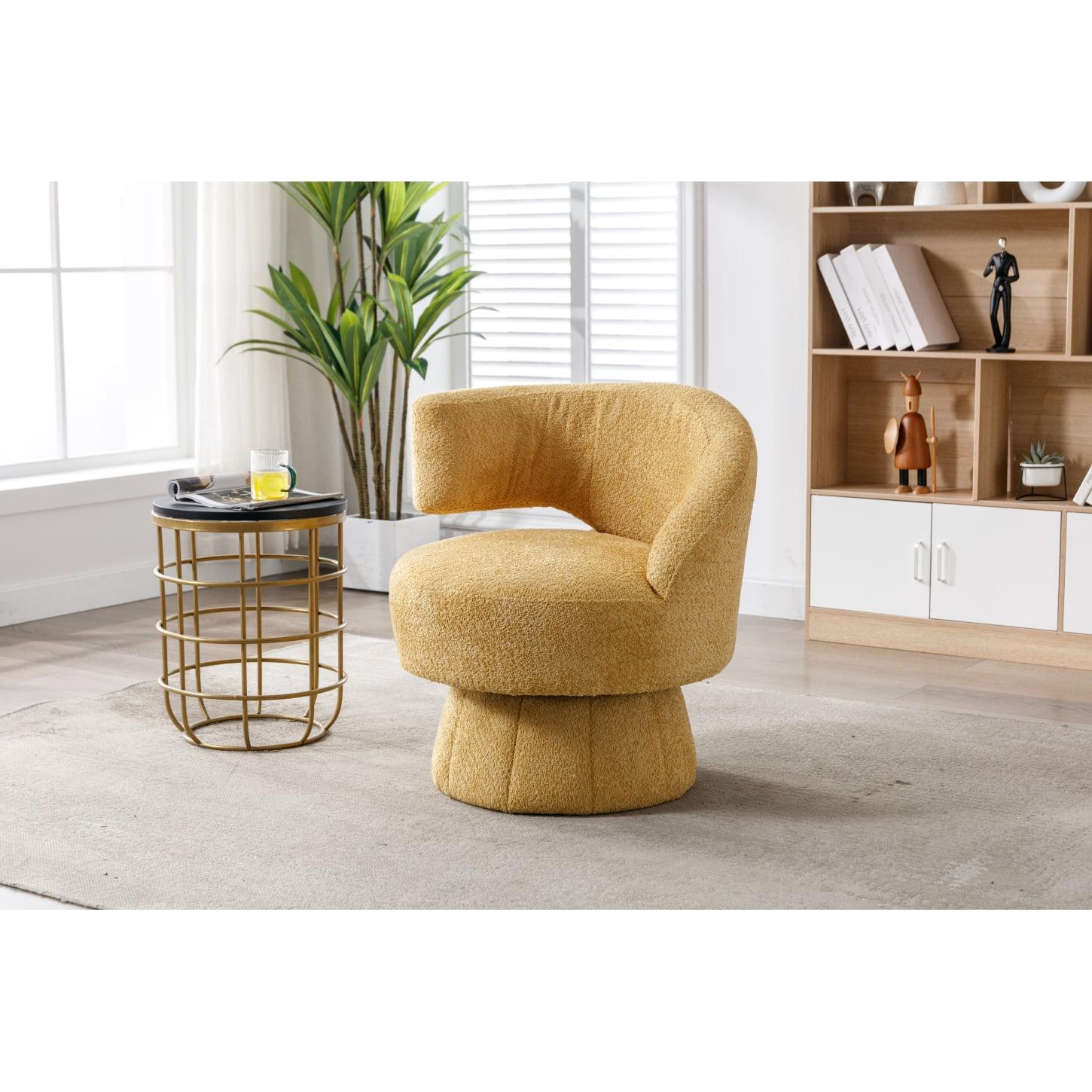 Modern Yellow Boucle Swivel Cuddle Barrel Accent Chairs, 360 Degree ...