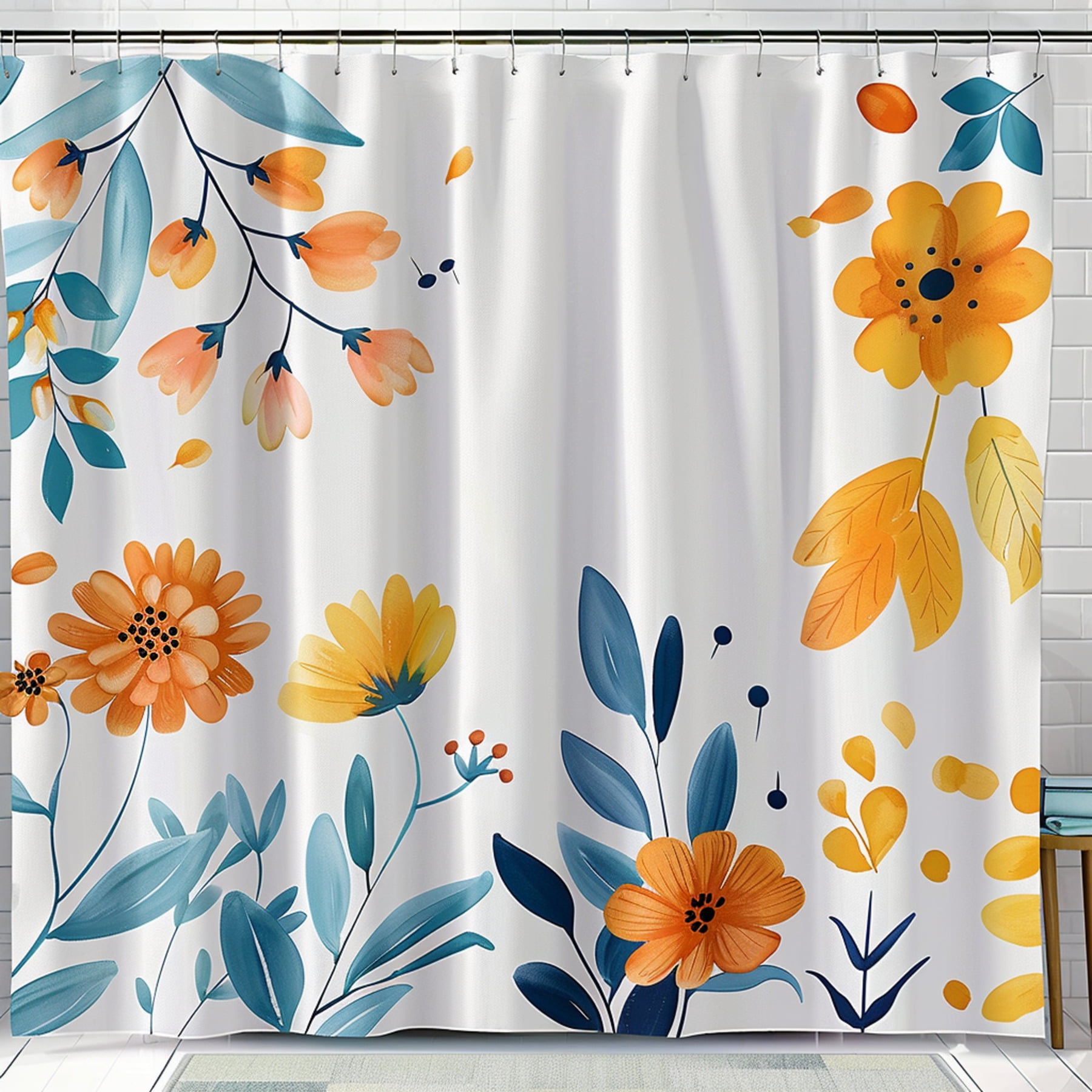 Modern Yellow Floral Shower Curtain Vibrant Blue Leaves & Orange ...