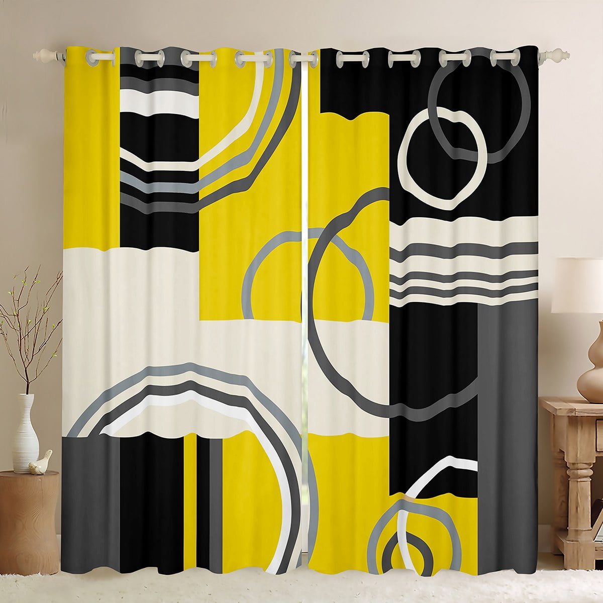 Modern Yellow Grey Black Blackout Curtains, Geometric Striped Curtains ...