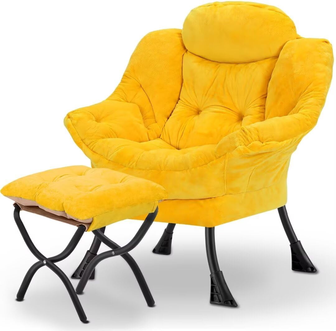 Modern Yellow Plush Lounge Chair with Ottoman, Moon-shape Armrest ...