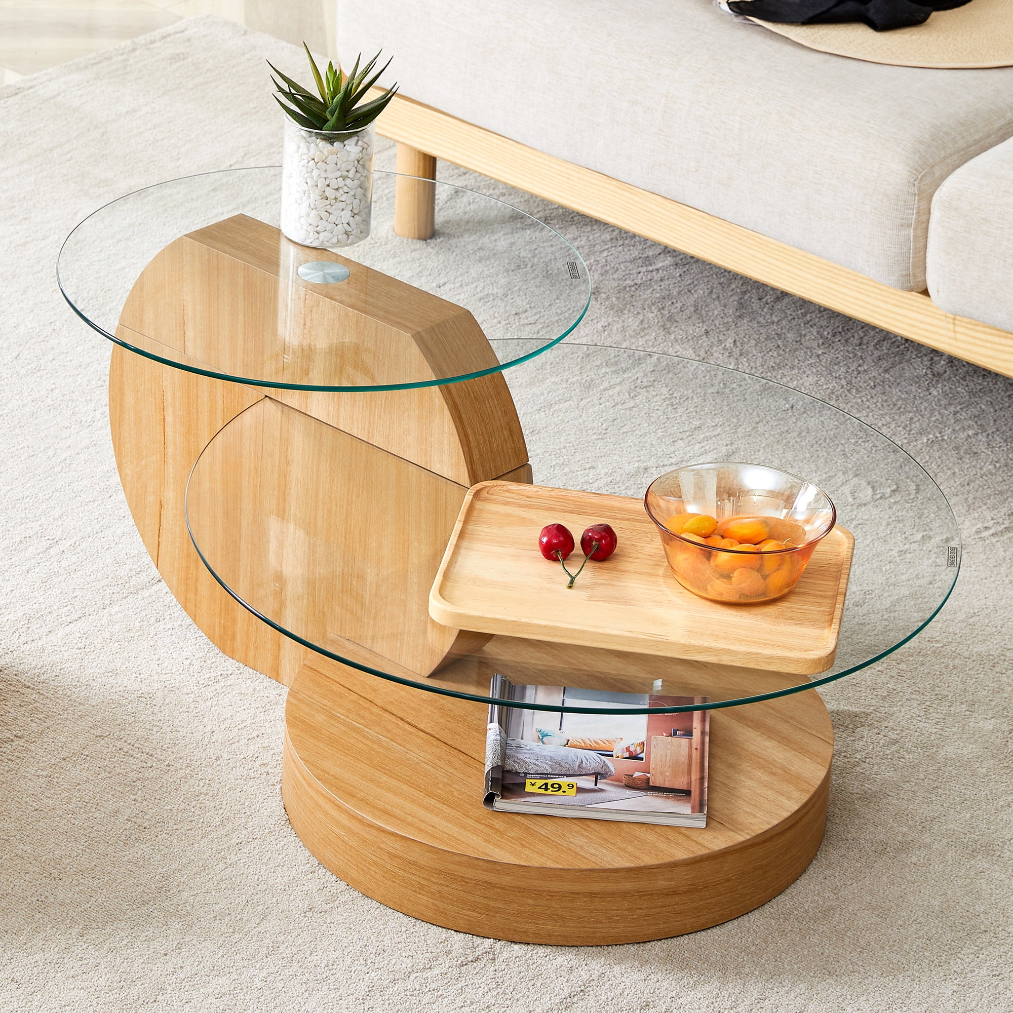 Modern and practical double-deck round table. Glass countertop, wood ...