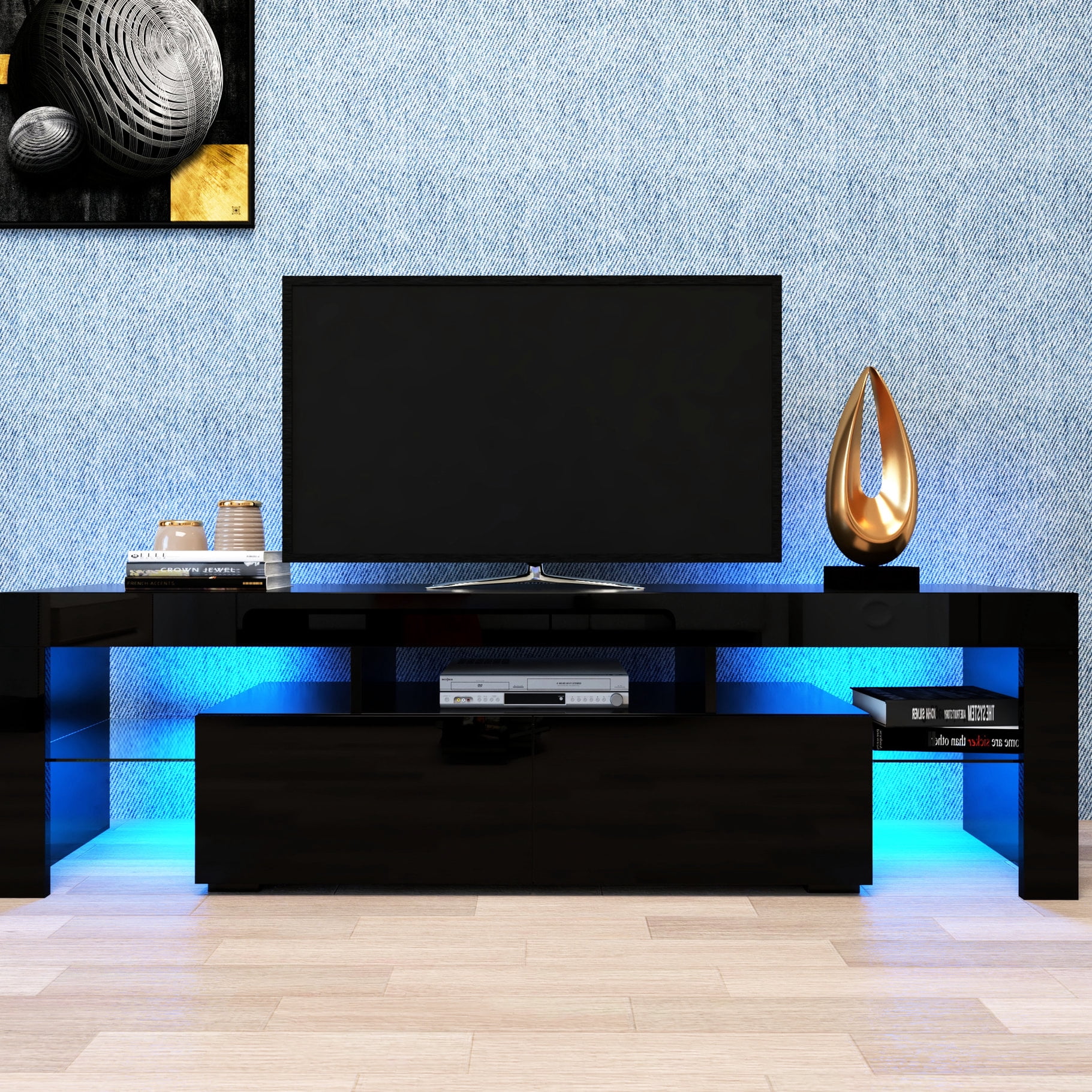 Modern black TV console with 20 - color LED lights and push - door ...