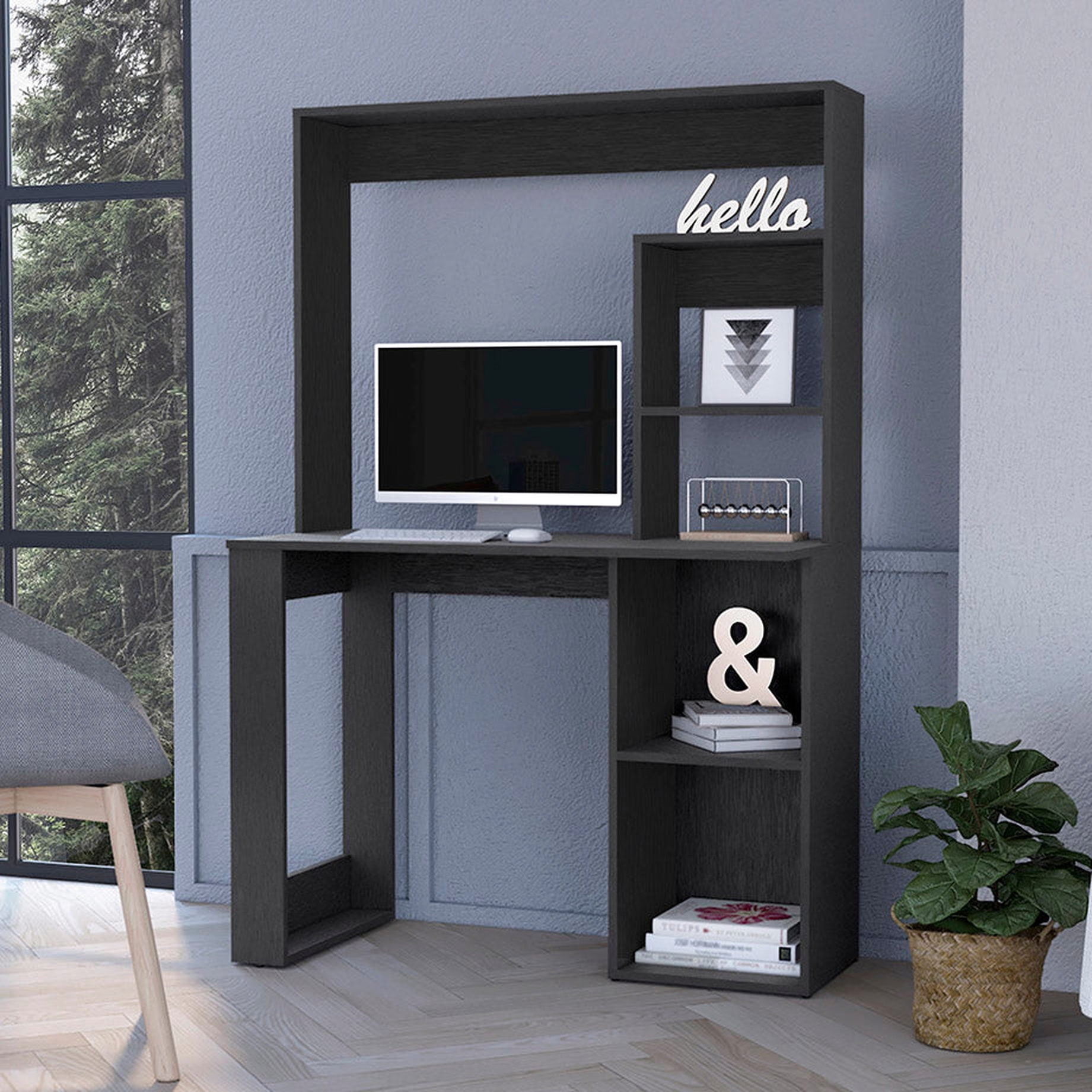 Modern black computer desk with hutch and storage shelves for home or ...