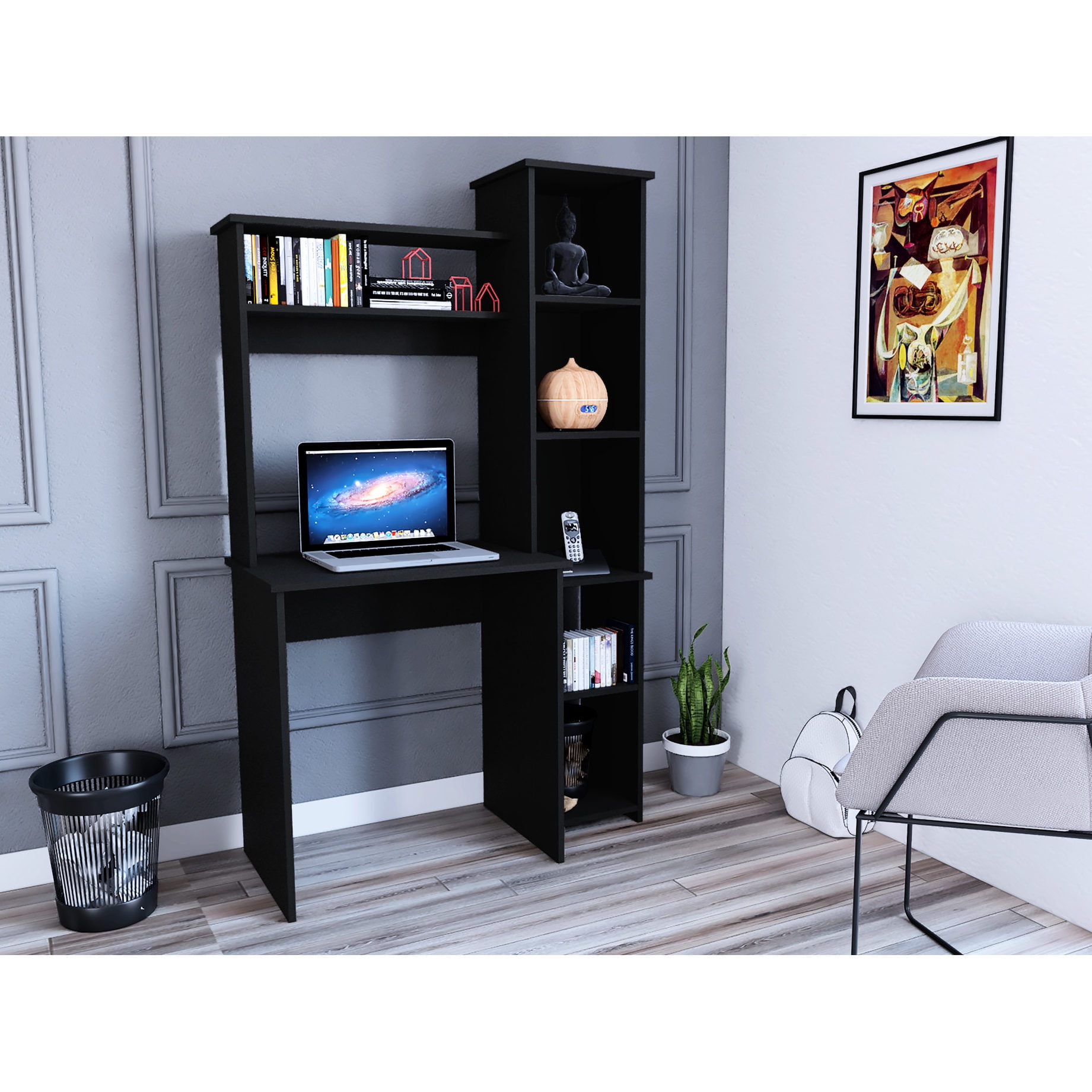 Modern black computer desk with hutch and side bookcase for office ...