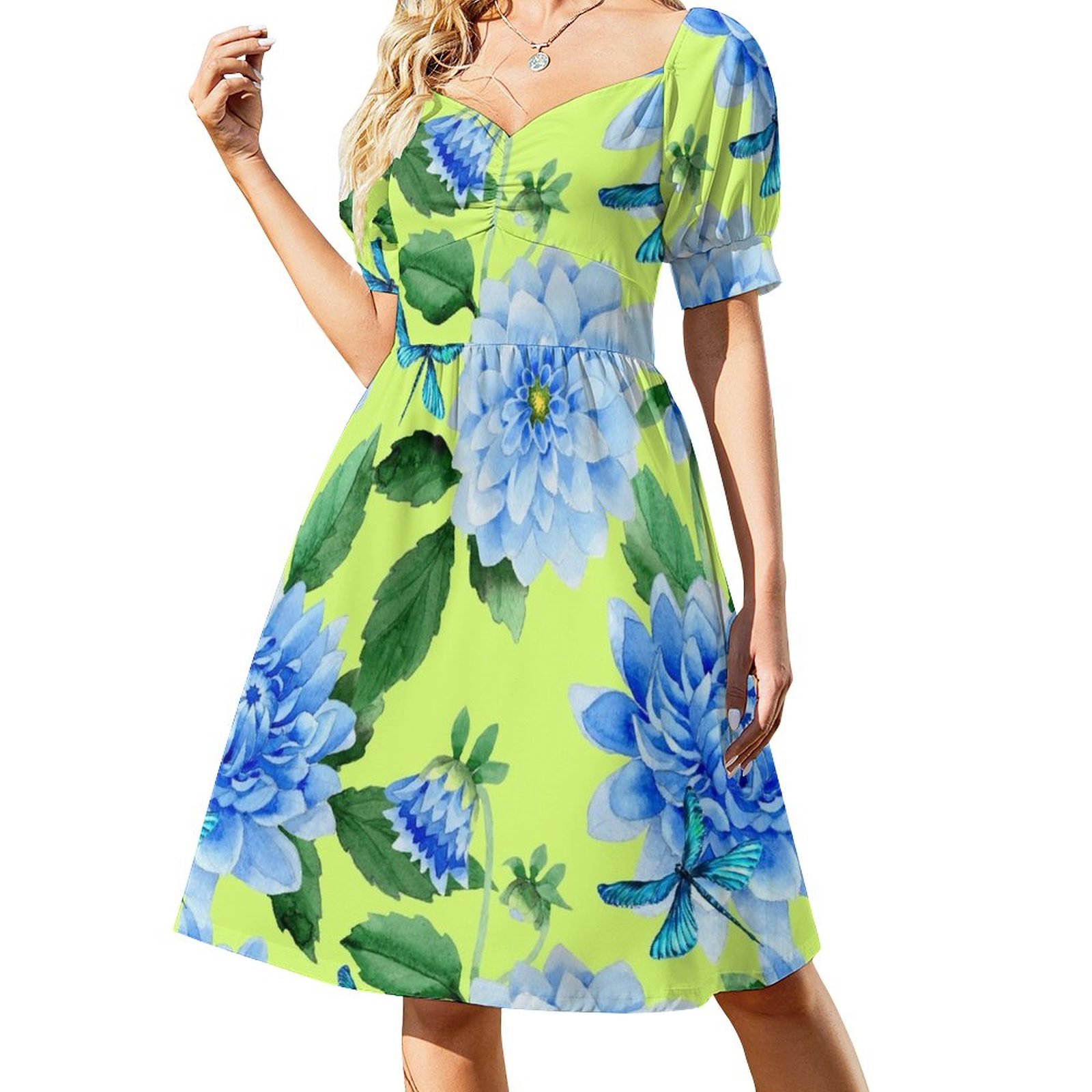 Modern blue lime punch watercolor dahlia floral pattern Sleeveless ...
