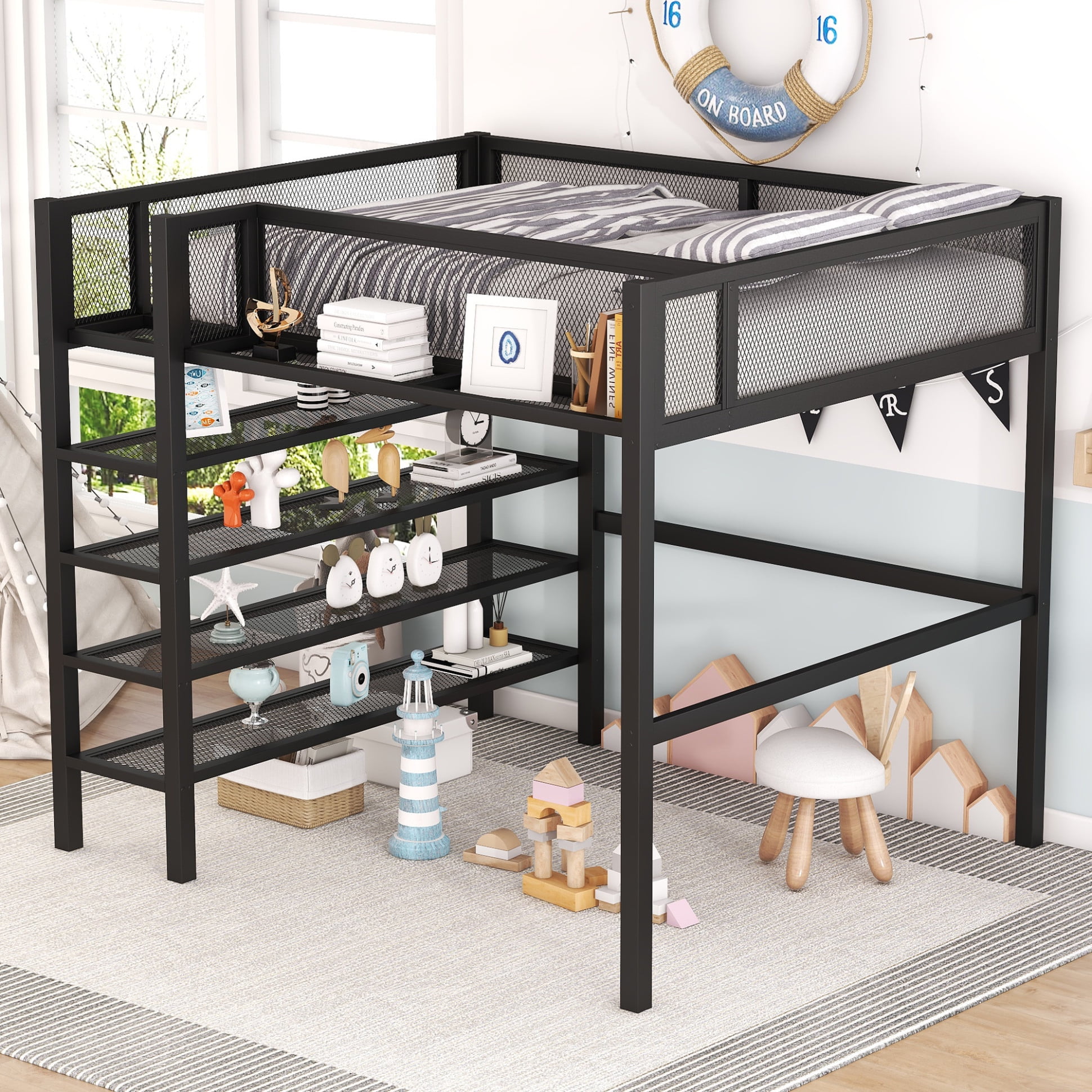 Modern classic Full Size Loft Bed with 4-Tier Storage Shelves and Side ...