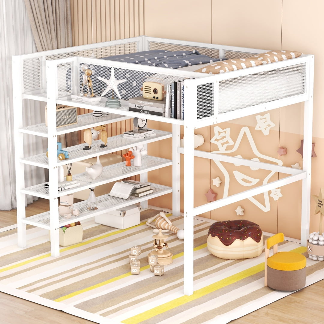 Modern classic Full Size Loft Bed with 4-Tier Storage Shelves and Side ...