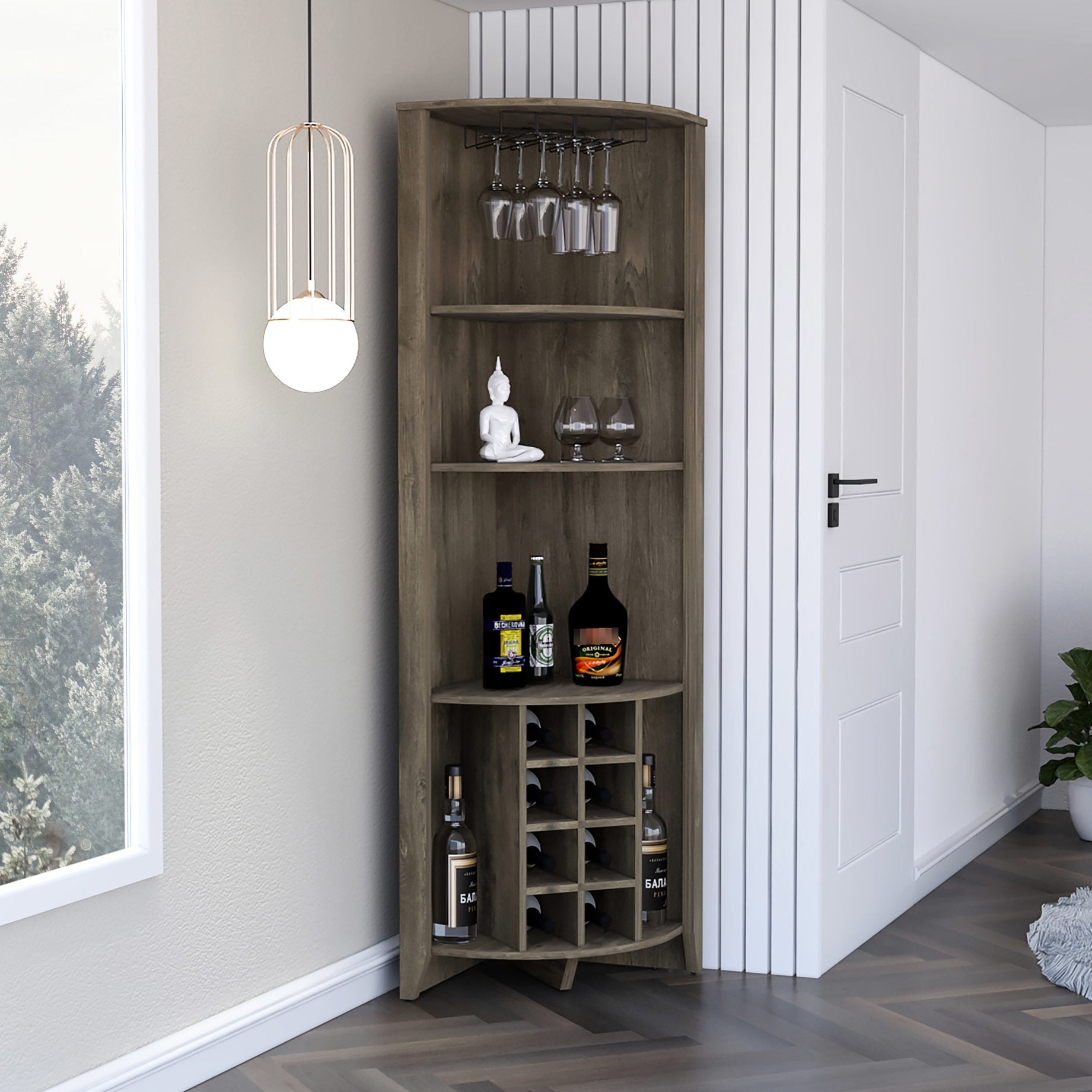 Modern corner bar cabinet with three shelves and eight wine racks for ...
