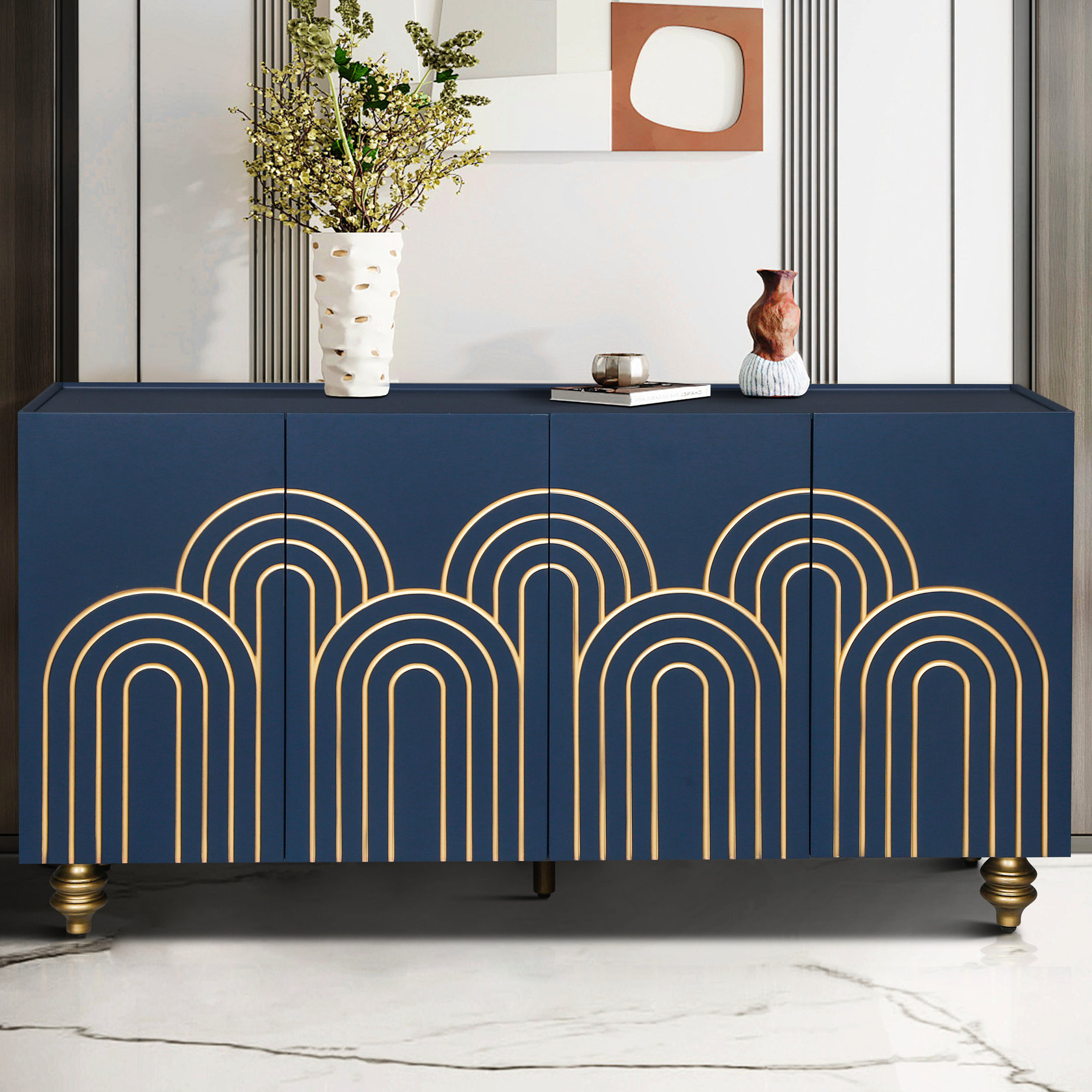 Modern fluted 4-door buffet with groove design and pre-wired holes for ...