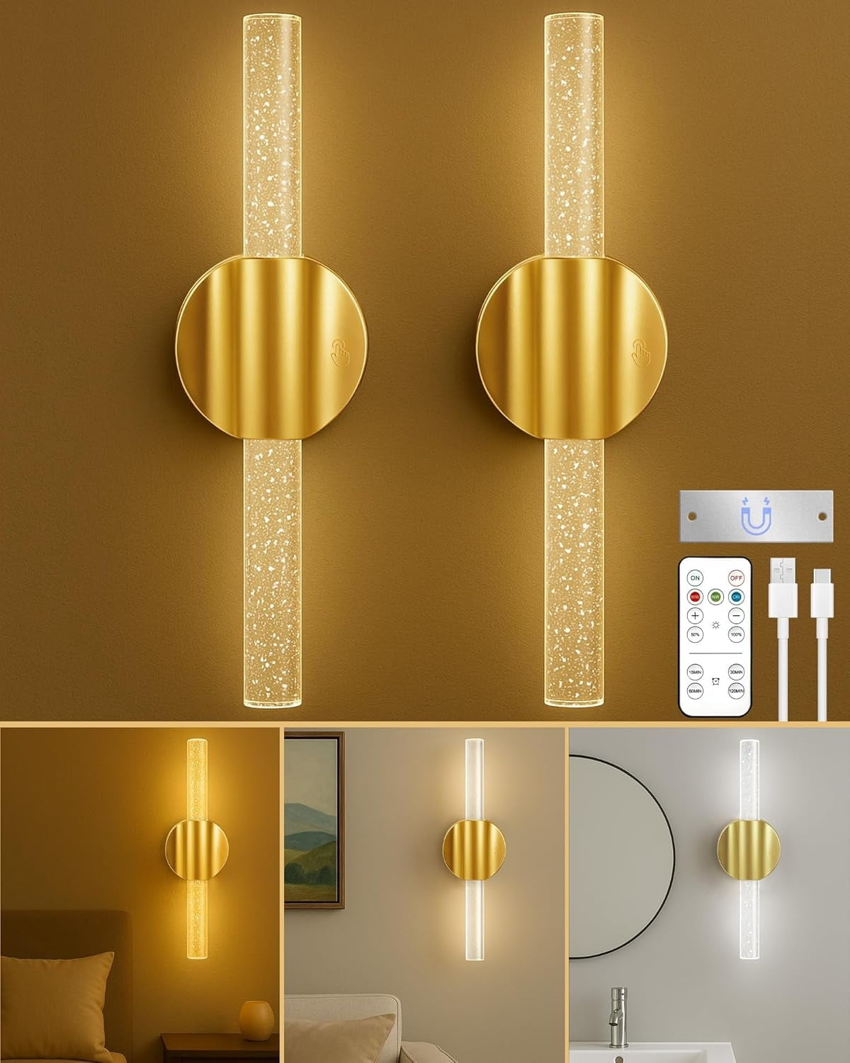 Modern gold crystal LED wall light - USB-C rechargeable 24-72H battery ...