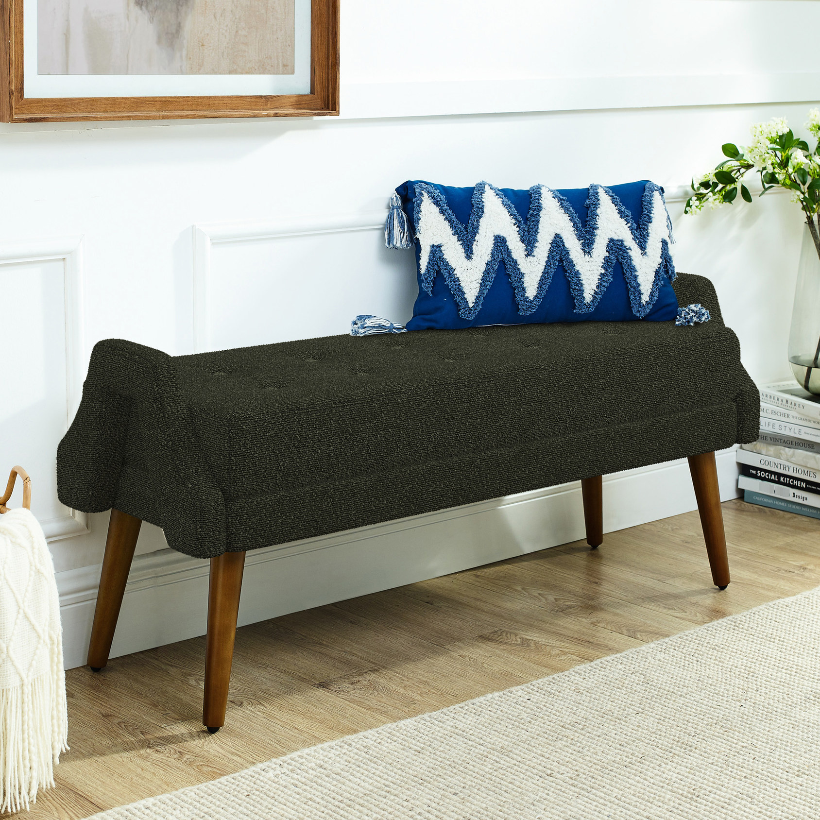 Modern green bench with stable rubberwood legs and simple assembly ...