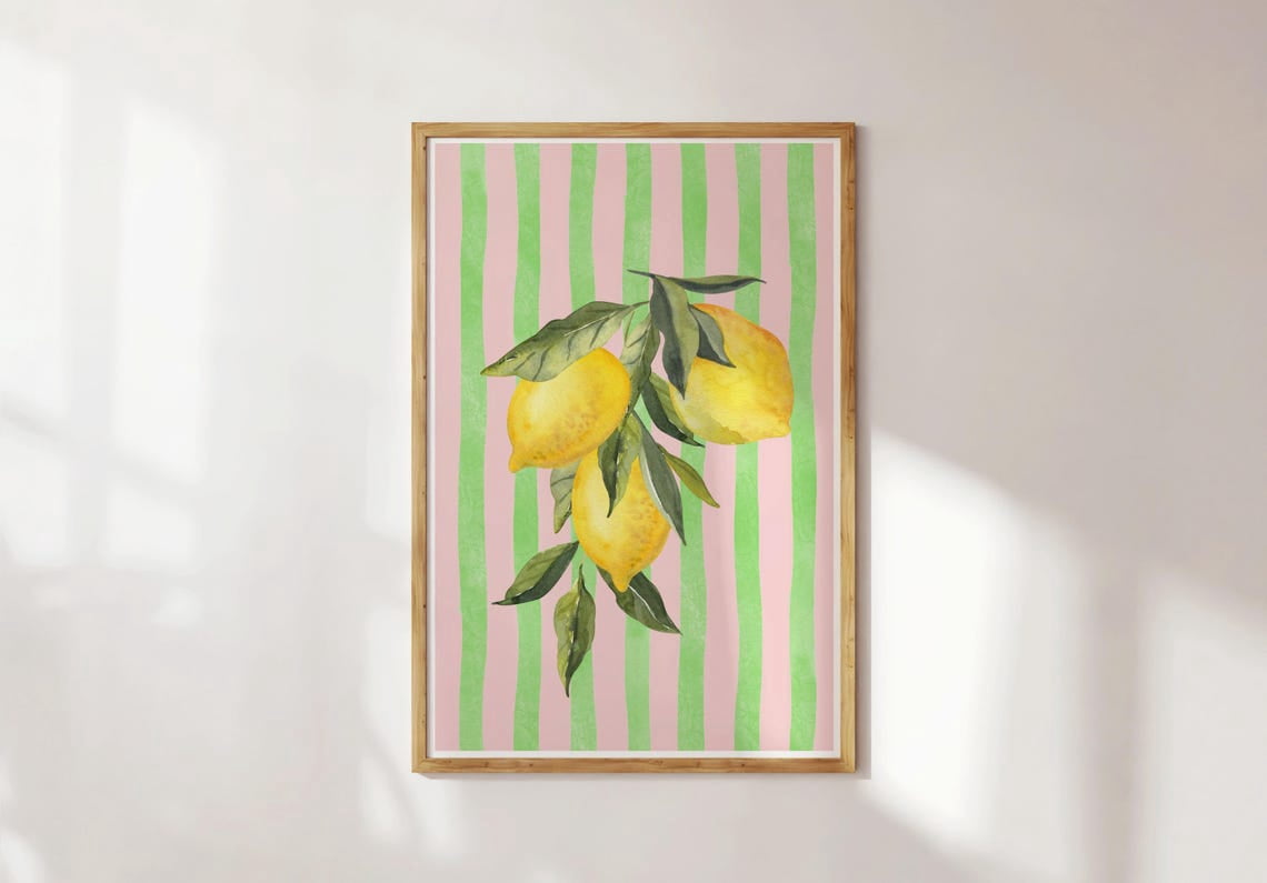 Modern lemons art Poster green pink stripe lemon fruit citrus kitchen ...