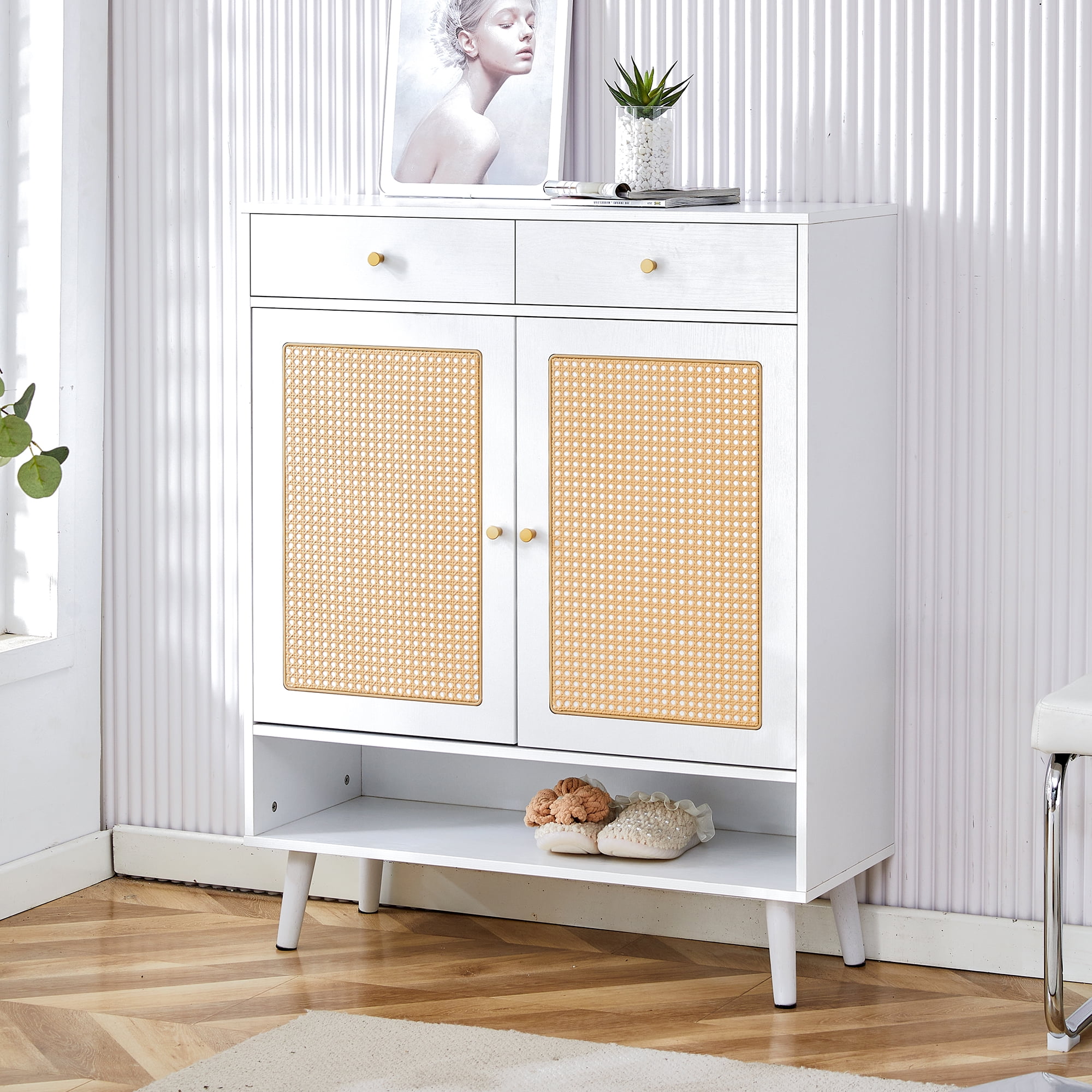 Modern minimalist shoe storage cabinet, rattan shoe cabinet, bed top ...