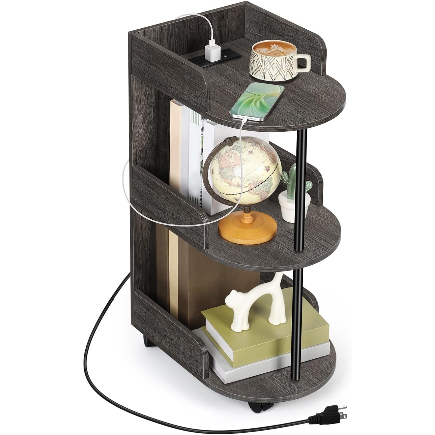 Modern minimalist three-tier bedside table with charging station, built ...