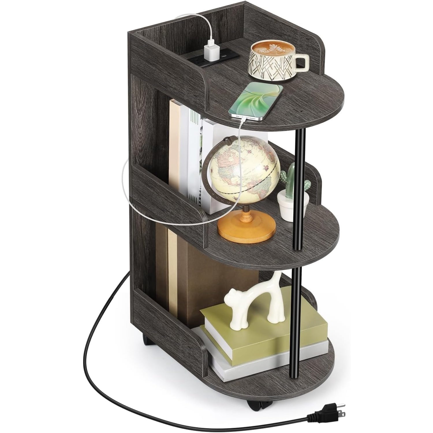 Modern minimalist three-tier bedside table with charging station, built ...