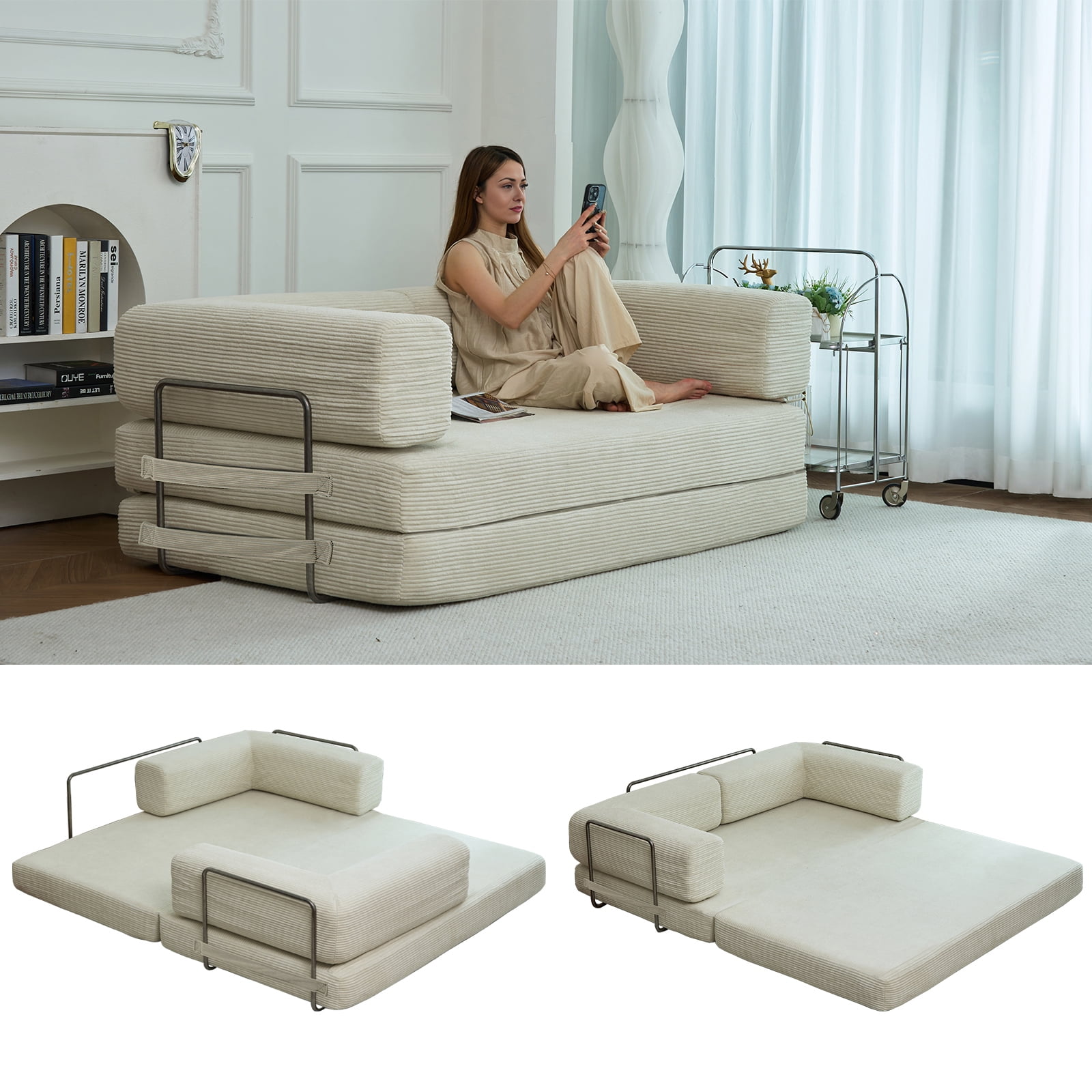 Modern multi-function Loveseat Fold-Out Sofa Bed Foldable 3 Person Corduroy Floor futon Couch 4 ...