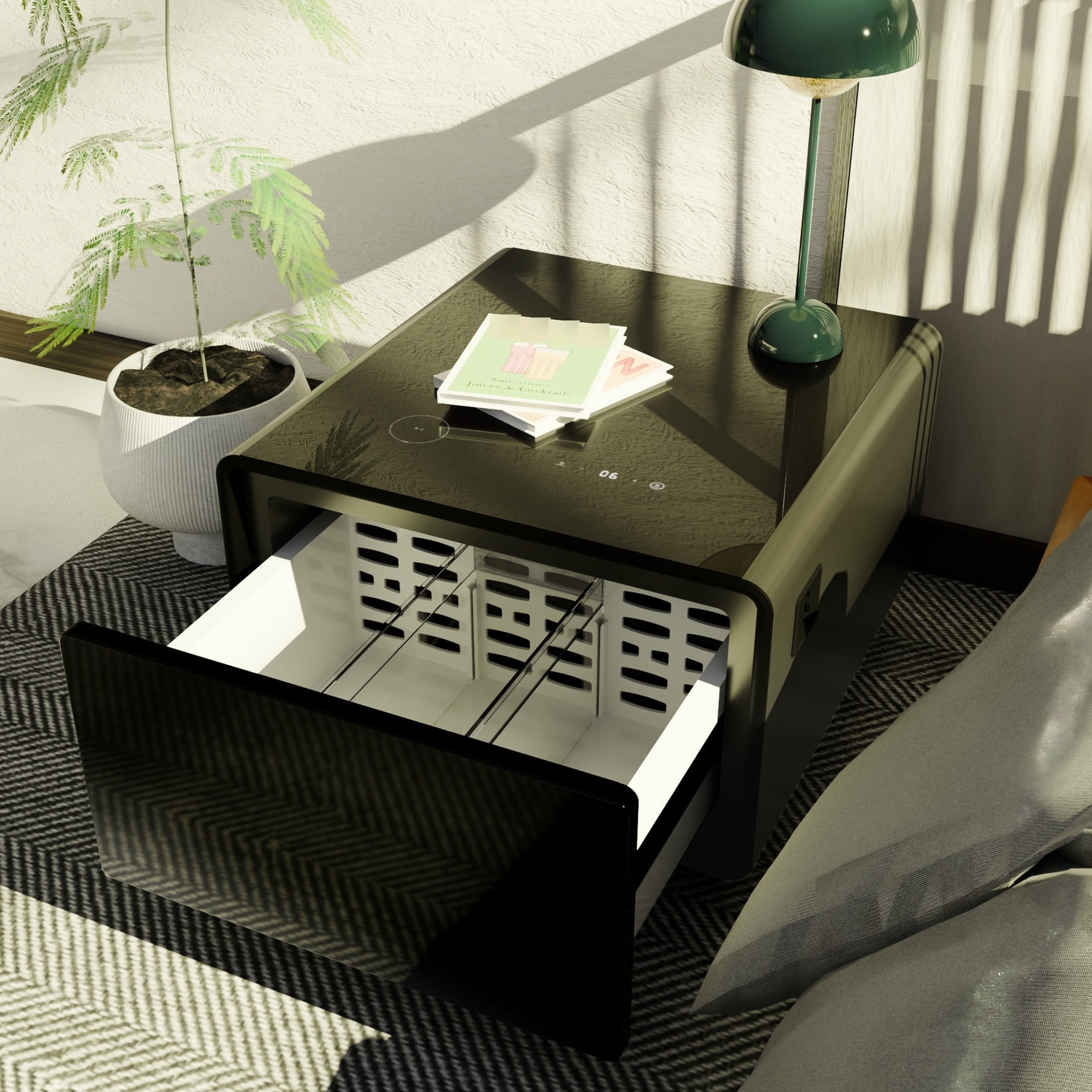 Modern rectangular smart side table with built - in fridge, power ...