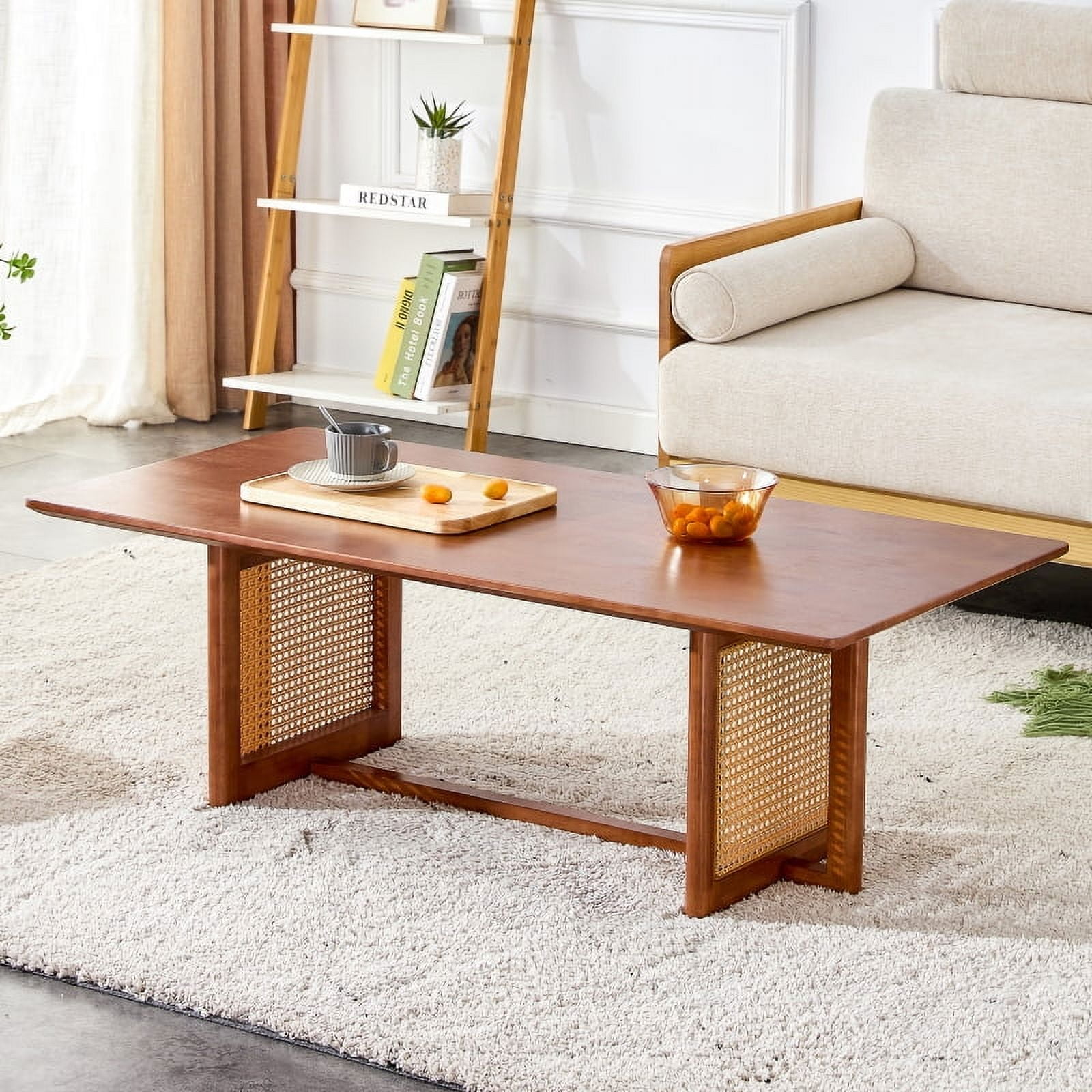 Modern simple rectangle double-layer solid wood Glass desktop tea table rattan woven Chinese ...